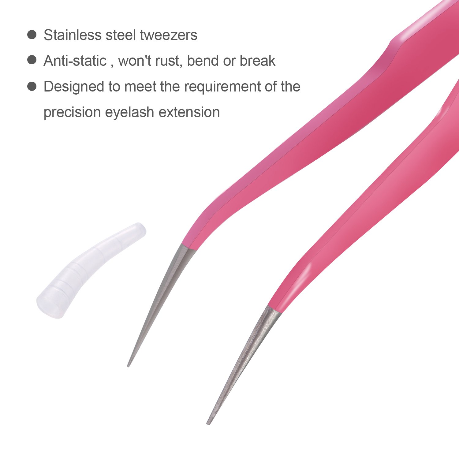 Hotop 2 Pieces Straight and Curved Tip Tweezers Eyelash Extension Tweezers, Stainless Steel False Lash Application Tools (Pink)