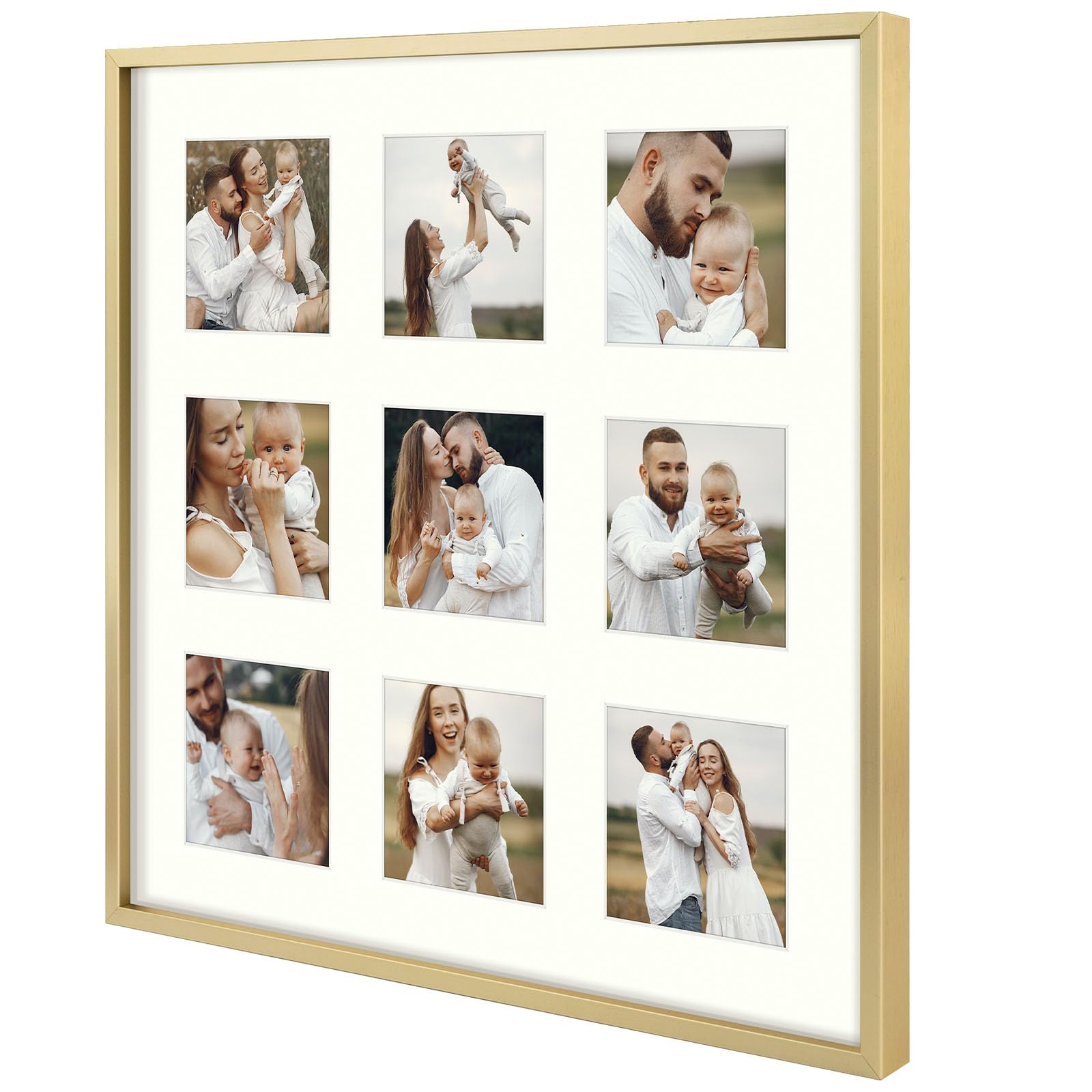 Golden State Art, 4x4 Aluminum Collage Frame, Displays 4 x 4 Pictures With 9 Openings Mat or One 16x16 Photo, Real Glass, Wall Display, Gold, 1 Pack