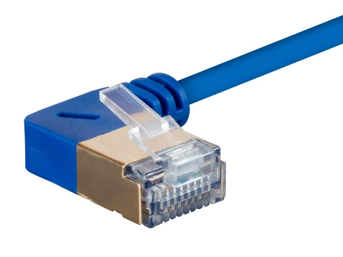 Monoprice Cat6A 3ft Blue 90 Degree Patch Cable Double Shielded (S/FTP) 36AWG 10G CM Pure Bare Copper Snagless RJ45 SlimRun Series Ethernet Cable