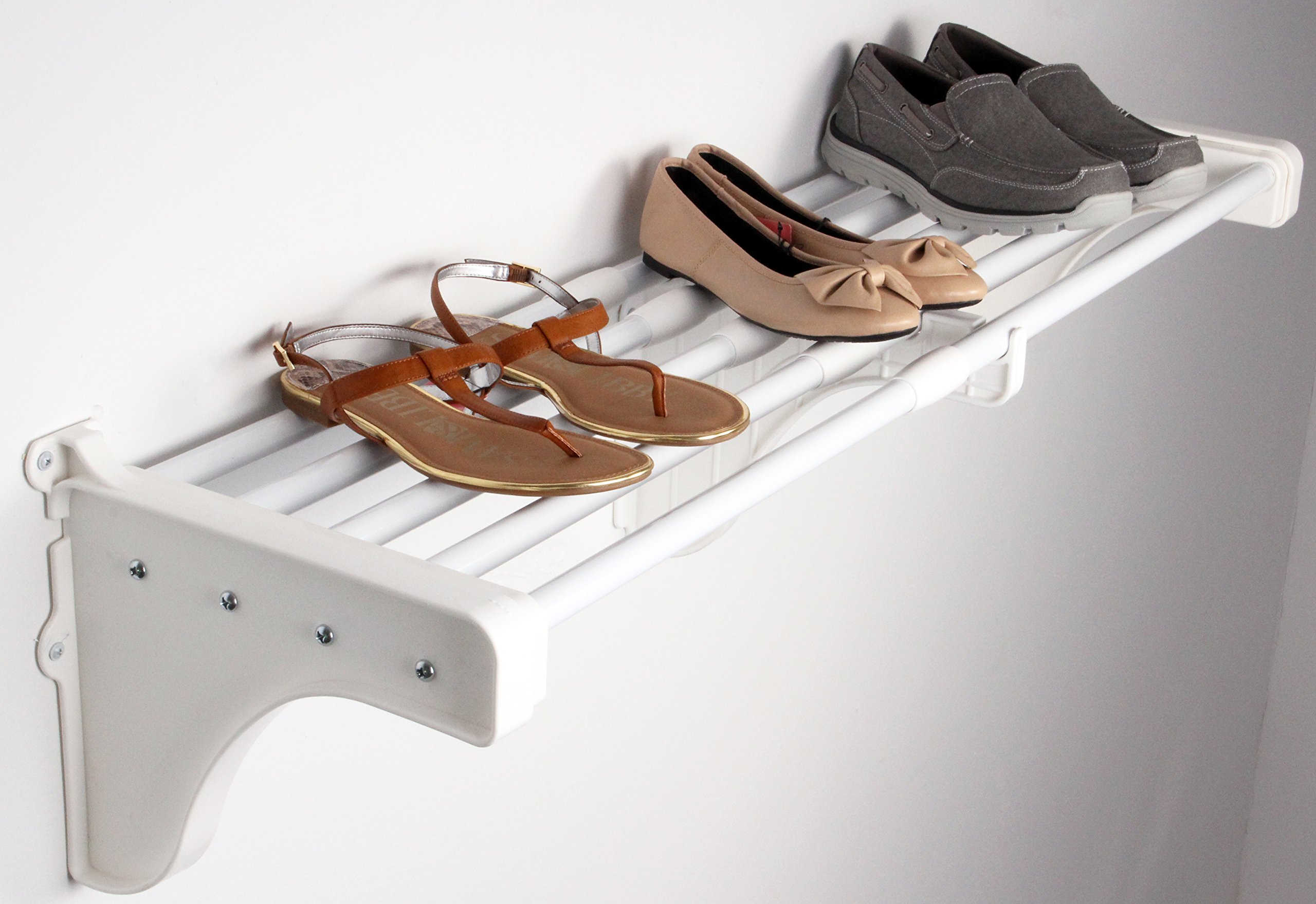 EZ Shelf-Expandable-Closet Shelf (NO Hanging Rod)- 30β to 50β -White-Easy Install to Backwall(Floating)-Wire Closet Shelving Alternative-(EZS-SW48-1-2)