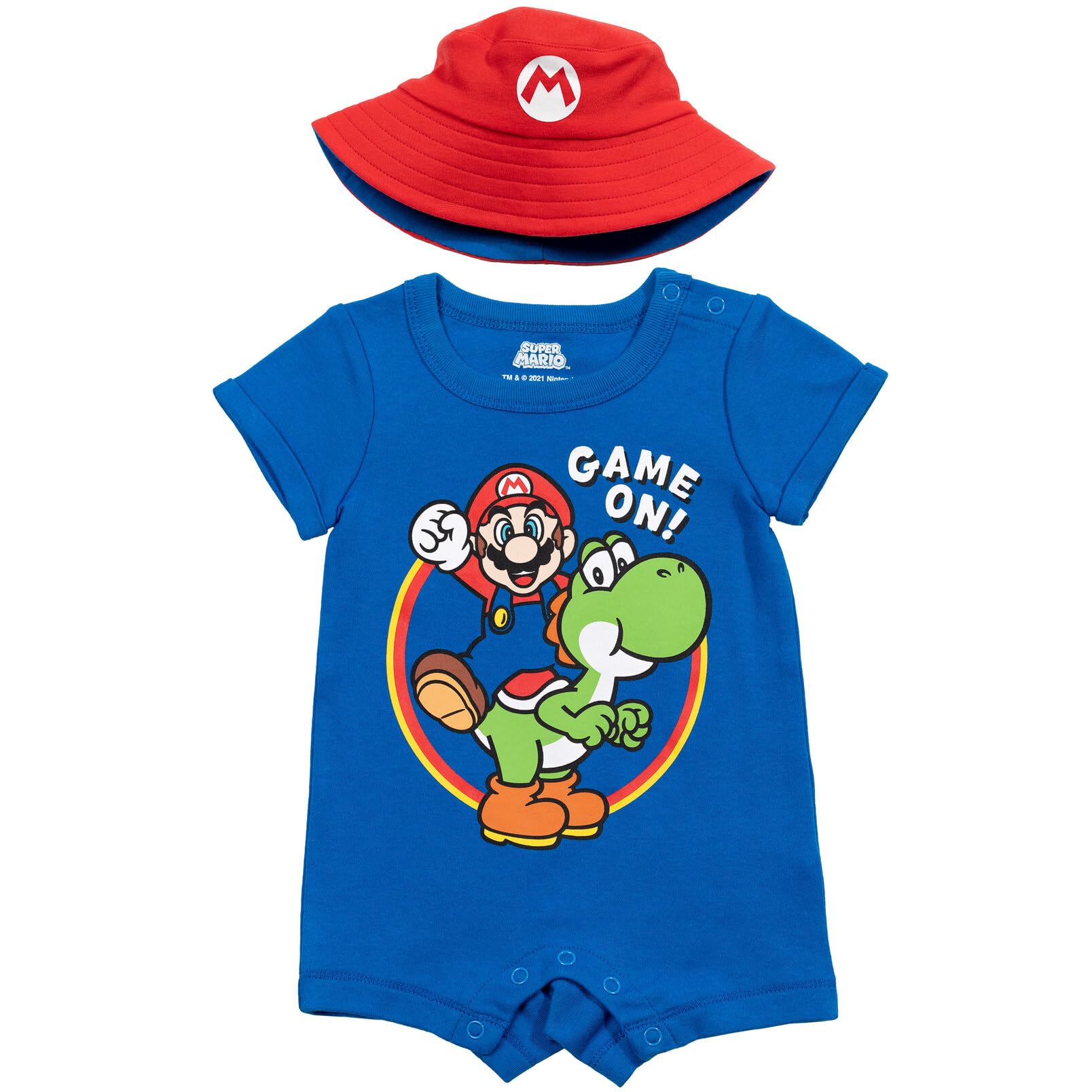 Super Mario Nintendo Mario Yoshi Infant Baby Boys Romper and Bucket Sun Hat Blue/Red 12 Months