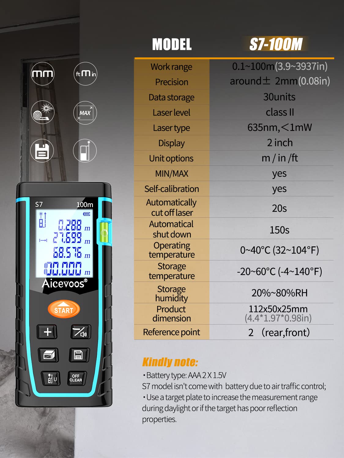 Aicevoos Laser Measure 328ft,Digital Laser Distance Meter, M/in/Ft Unit Switching Backlit LCD 4 Line Display IP54 Shockproof,Measure Distance, Area and Volume | 100M