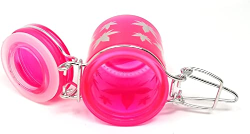 Airtight Glass Herb Mini Storage Jar with Clamping Lid in Choice of Design (Frosted Neon Pink/Silver Leaves)