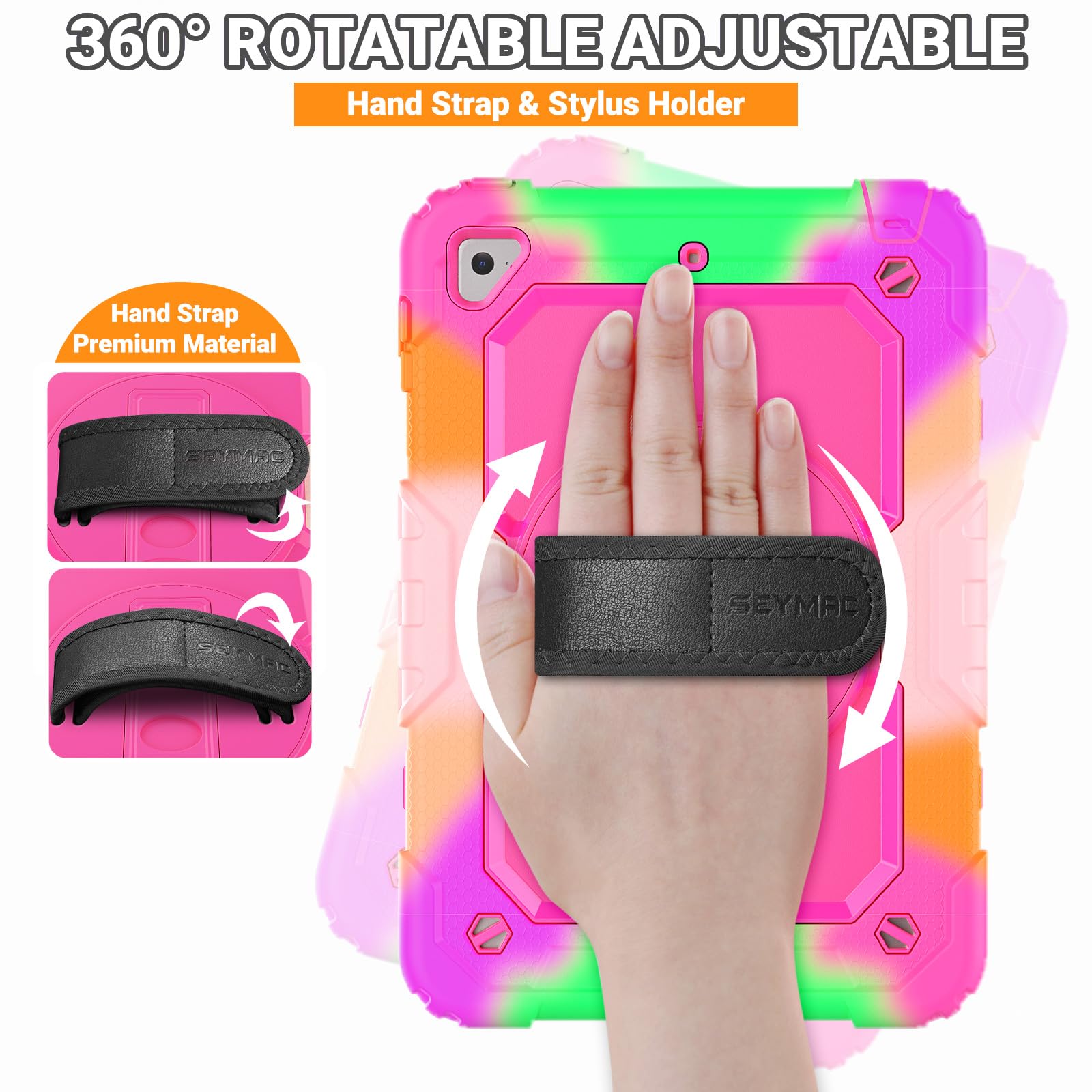 SEYMAC for iPad Mini 5/4 Case, 7.9 Inch, Sturdy Heavy Duty Shockproof Full-Body Protective Case with Screen Protector, Rotating Stand, Hand/Shoulder Strap, Camo/Pink