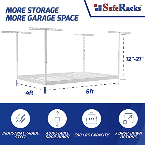 SafeRacks Overhead Garage Storage Rack, Heavy Duty Steel Ceiling Mount Storage Shelves with 500 lb Capacity, Adjustable, Garage Overhead Storage, Shelving, Ceiling Racks 4x6 White (24"-45")