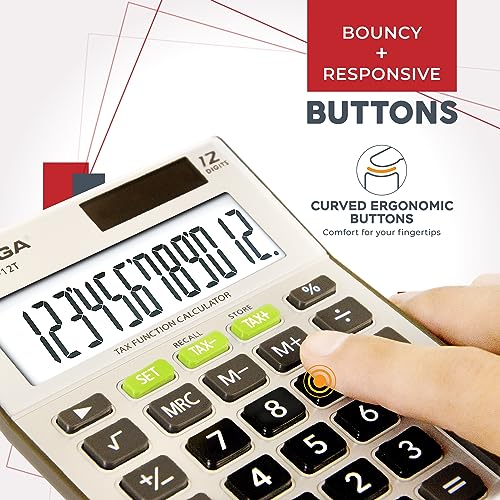 Desktop 12-Digit Business Calculator with Dual Power, Solar and Battery, for Basic, Finance and Tax Calculations, Desk Calculators for School or Office