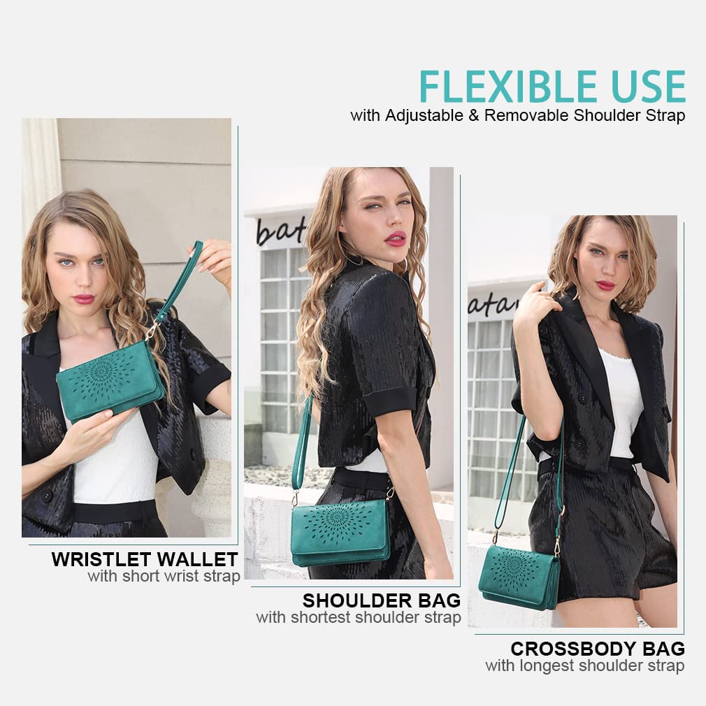 APHISON Multi-Function Small Crossbody Bags For Women,Cell Phone Shoulder Bag,Clutch Purse,RFID Wristlet Wallet,Card Holder Peacock-Blue