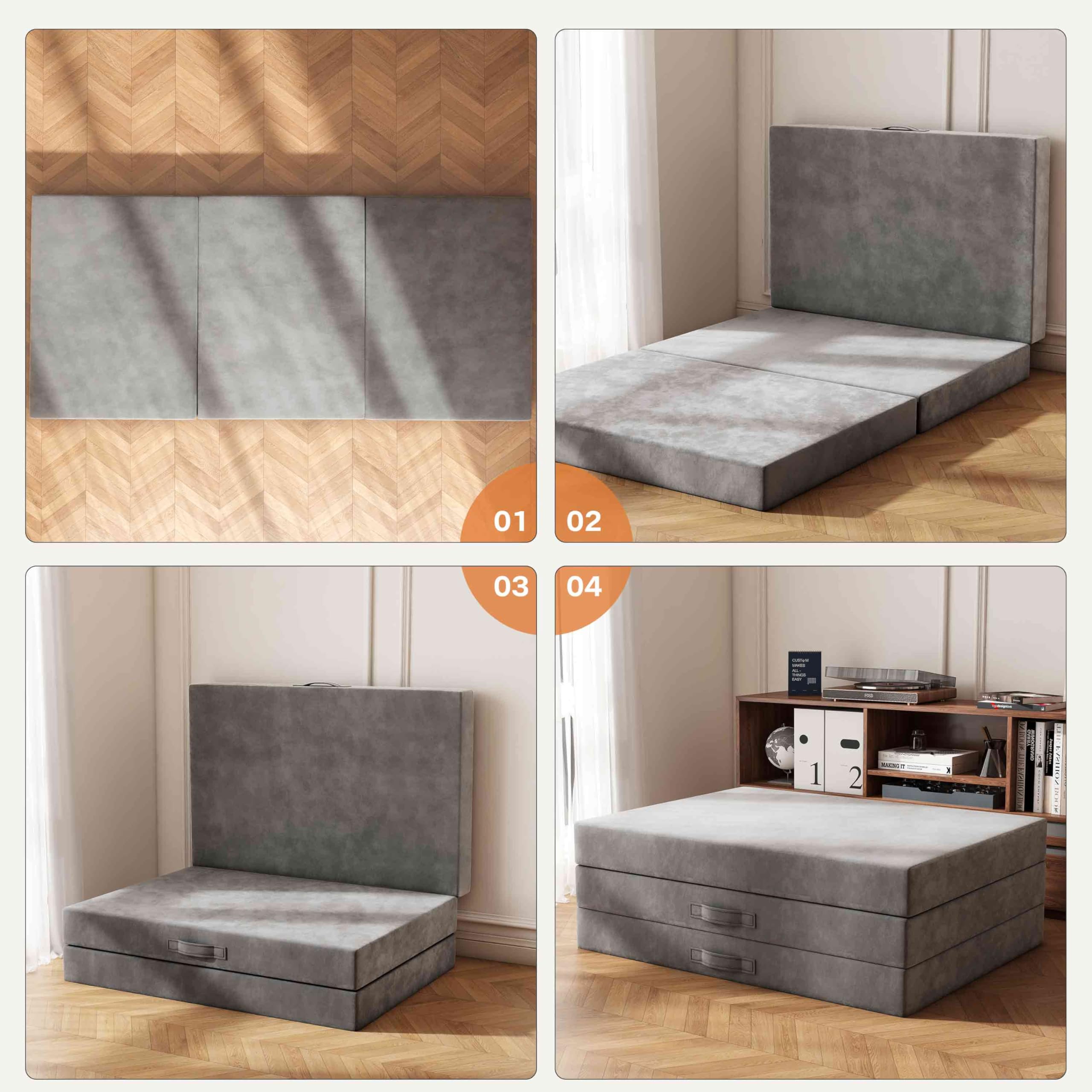 PurrJoys Foldable Full Mattress, 4 Inch Tri-Folding Memory Foam Mattress with Carry Handle, Washable Cover,& Non-Slip Bottom, Foldable Bed for Guests, Travel, Camping, Easy to Carry, Double Mattress