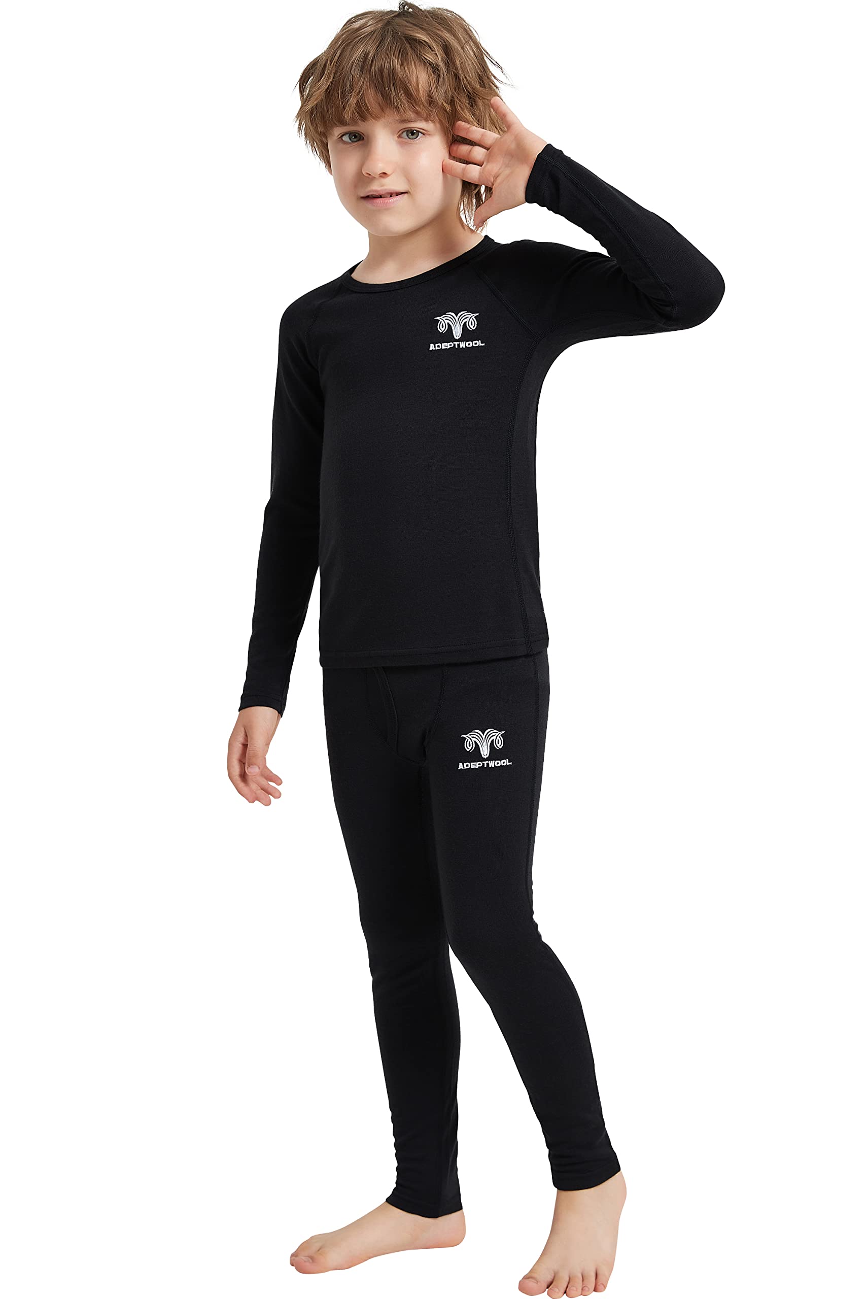 Adeptwool Boy Kids Merino Wool Base Layer Set Top and Bottom Thermal Underwear Black