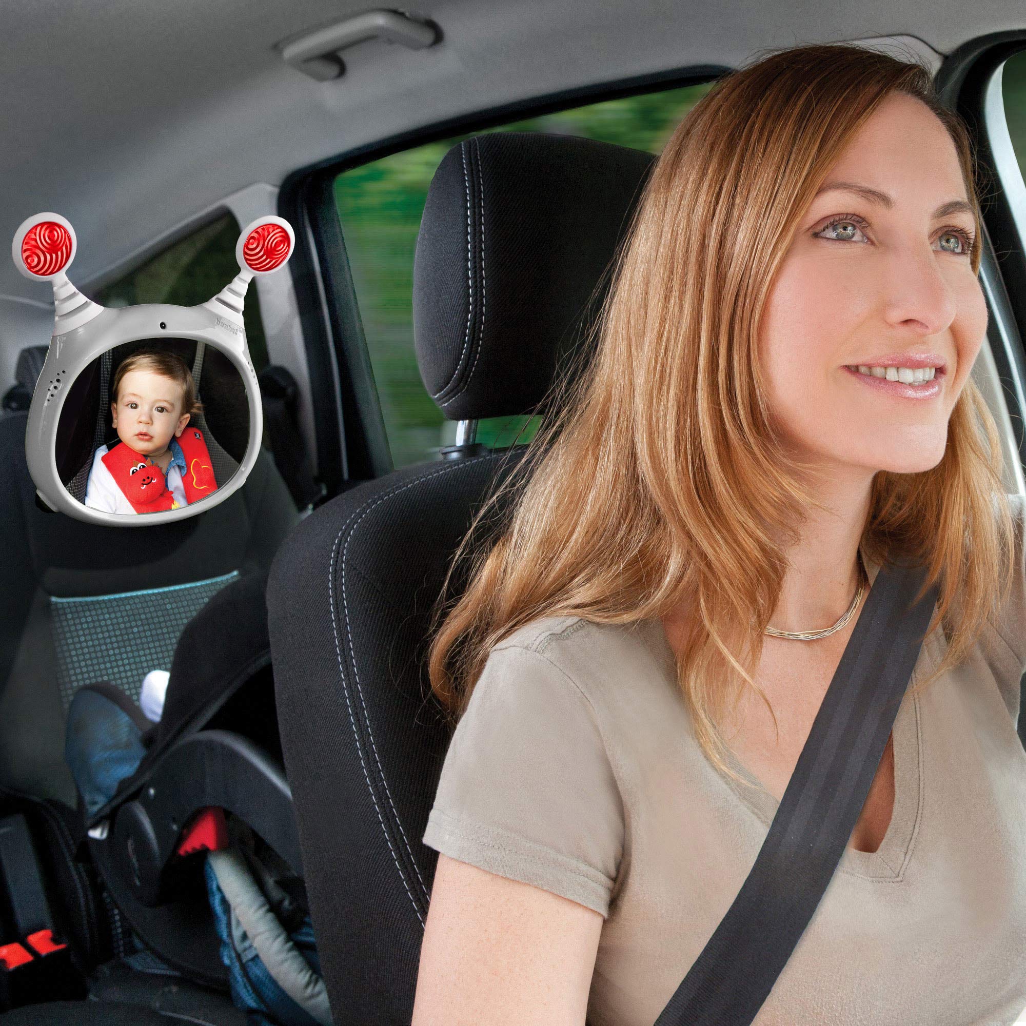 Oly Active Baby Car Mirror β Shatter-Proof Rear Facing Infant Mirror Entertains, Soothes, and Keeps Baby Visible β 10 x 11.7 x 3.1 In. Adjustable Headrest Mirror with Remote Control by Benbat, Gray