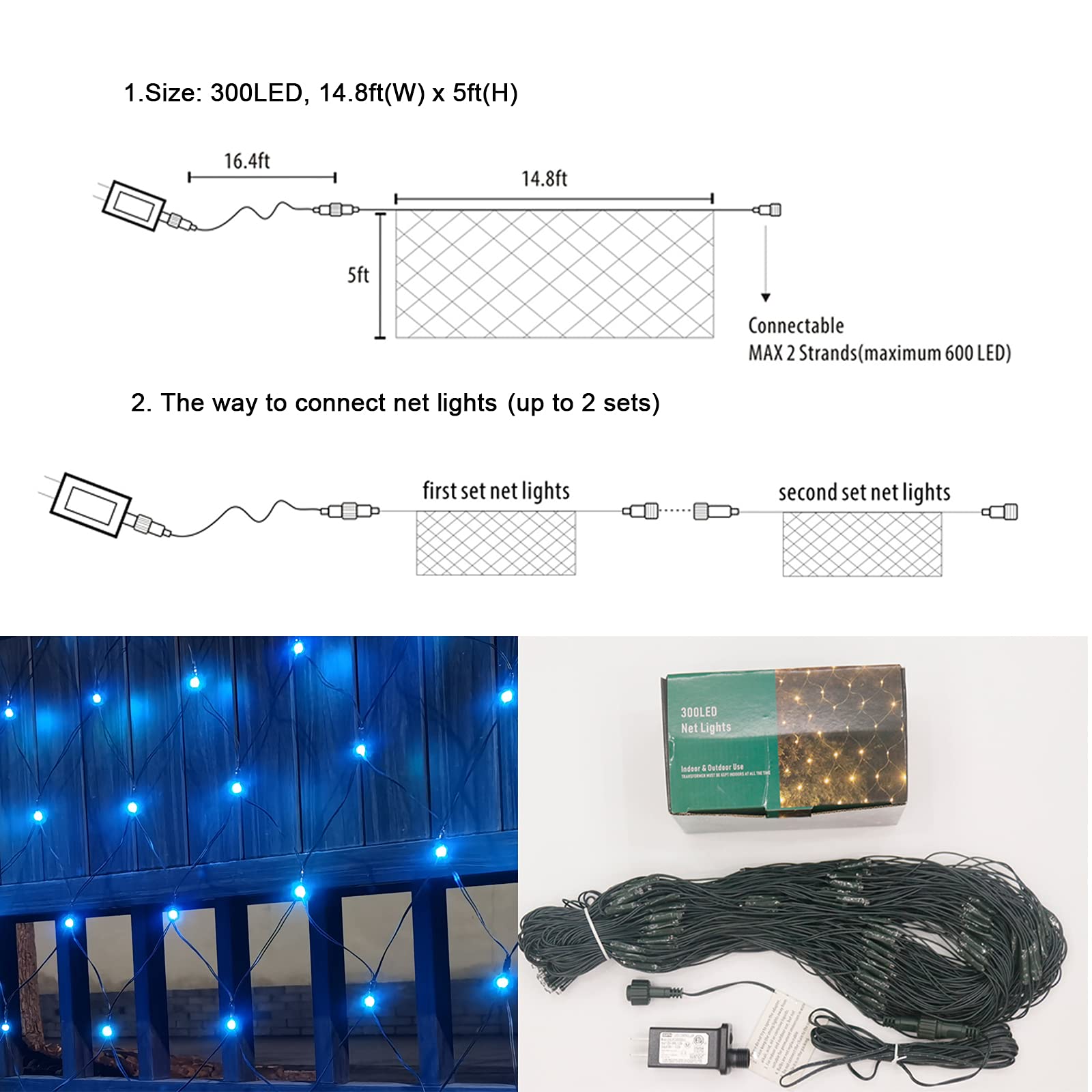 OYCBUZO 300LED Blue Net Lights,14.8ftx5ft 8 Modes Connectable Christmas Mesh Lights, Indoor and Outdoor Fairy String Lights Plug in for Halloween Thanksgiving Bushes Tree Party Garden - Blue