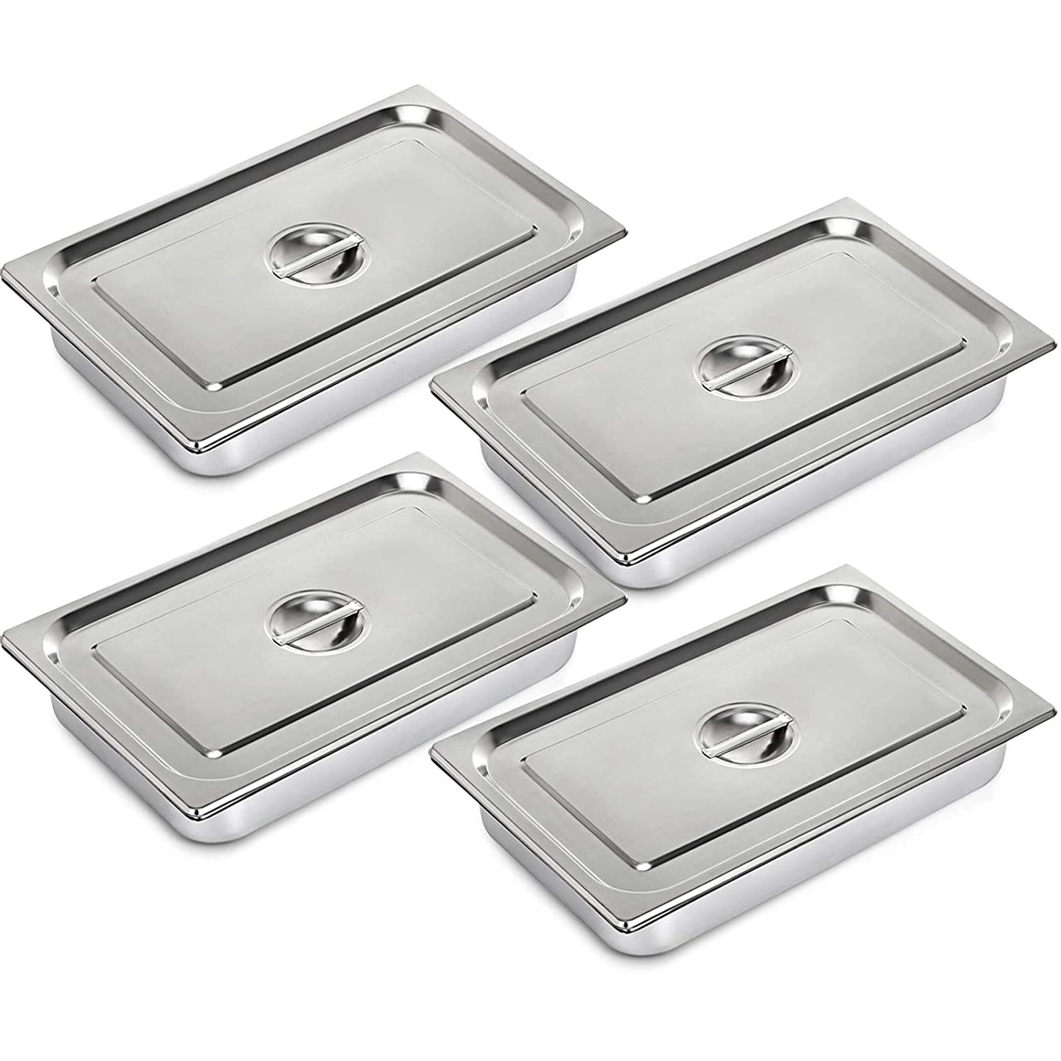 AiMaKoDo Hotel Pan 4" Deep with Lid 4 Pack Steam Table Pan Full Size 20.8" L x 12.8" W Stainless Steel Hotel Pan 22 Gauge Anti Jam Steam Table Pan