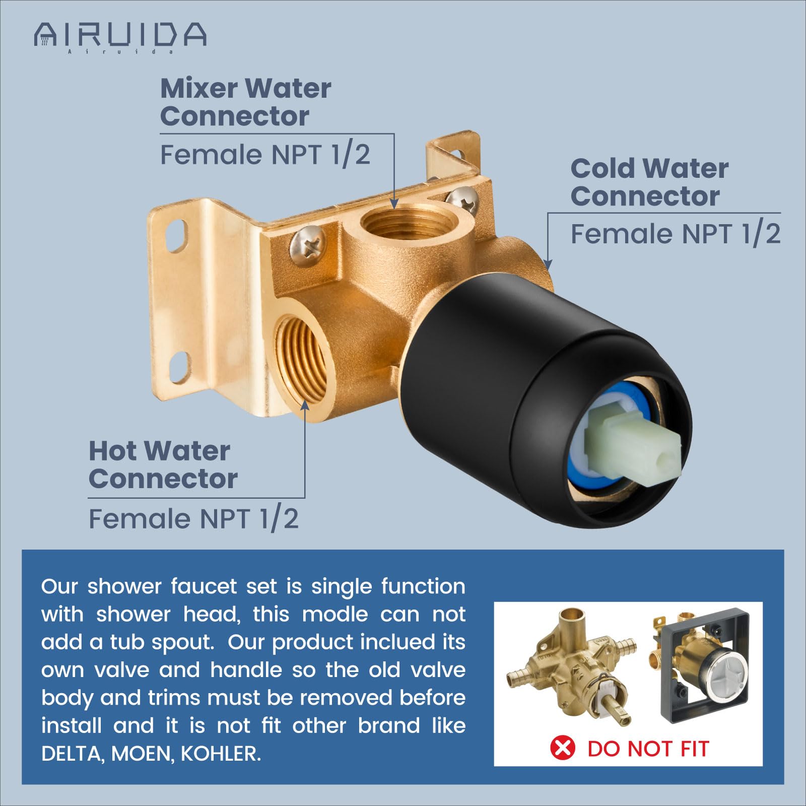 Airuida Matte Black Single Function Shower Trim Kit Shower Faucet Set Wall Mount 8 Inch Round Rainfall Shower Head and Handle Set Single Handle Shower System Set with Female Threads Rough-in Valve