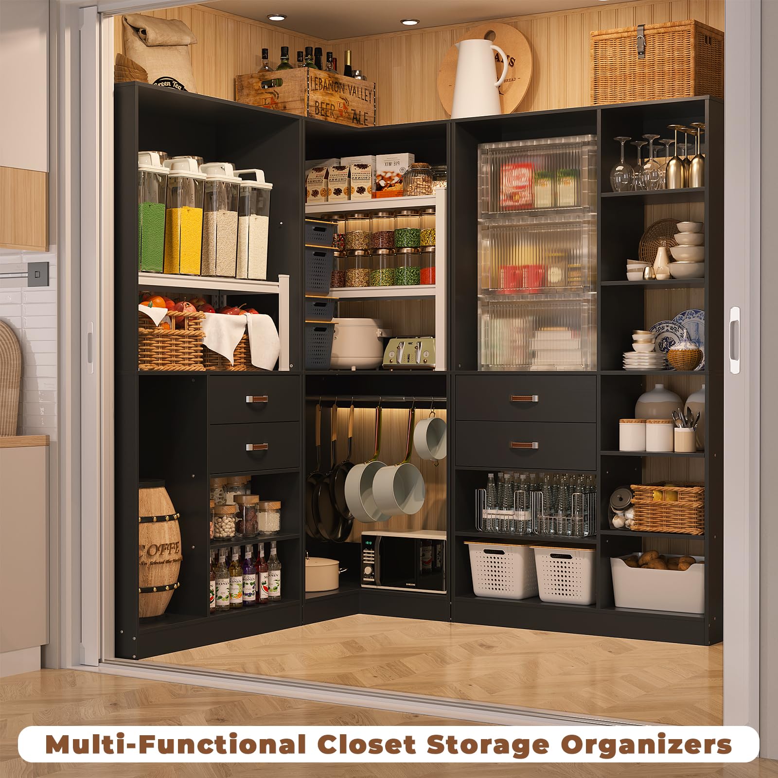 armocity Freestanding Closet System with 3 Sets, 110'' Reversible Stand-alone Wardrobe, 80'' Height Cloth Garment Organizer, Walk-in Closet with Hanging Rod, 71" Lx71 Wx80 H, Load 2500 LBS, White Oak