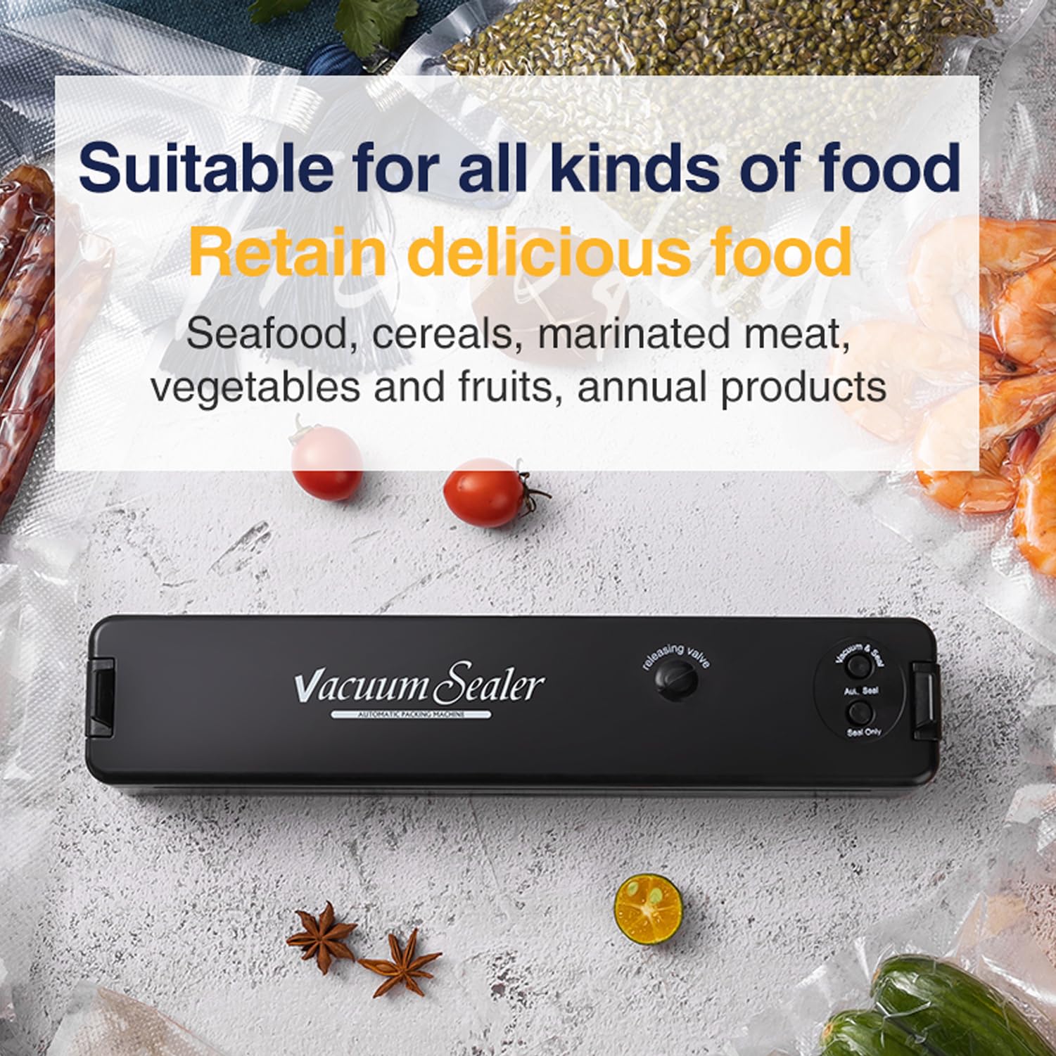 VANEME Vacuum Sealer Machine,Heat Sealer for Cookies,One-Touch Vacuum Sealer,Dry Moist Fresh Modes Sealing System For Food Preservation,Sealing Packing System for All Saving Needs