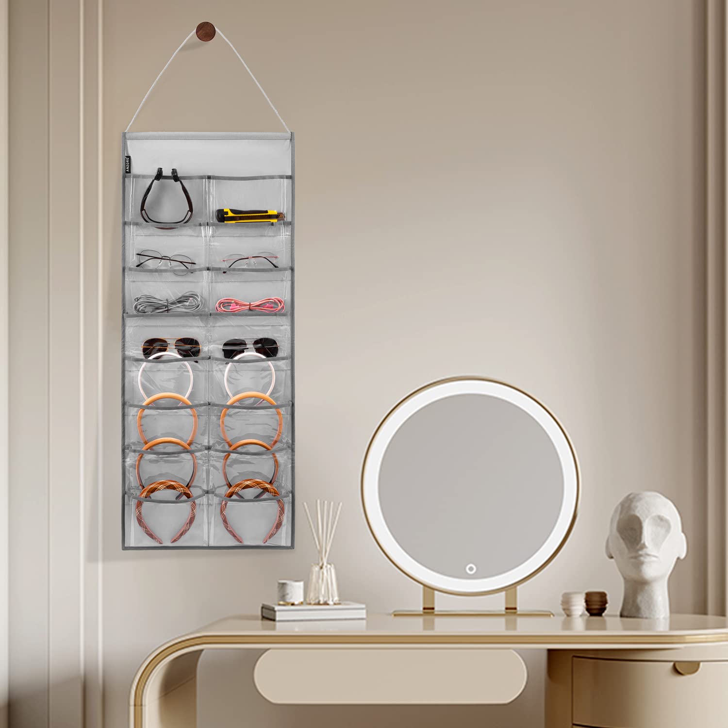 ANZORG Wall Hanging Headband Organizer Ribbon Hair Hoops Storage Hairbands Hair Accessory Holder with Clear Pockets (GREY-16 POCKETS)