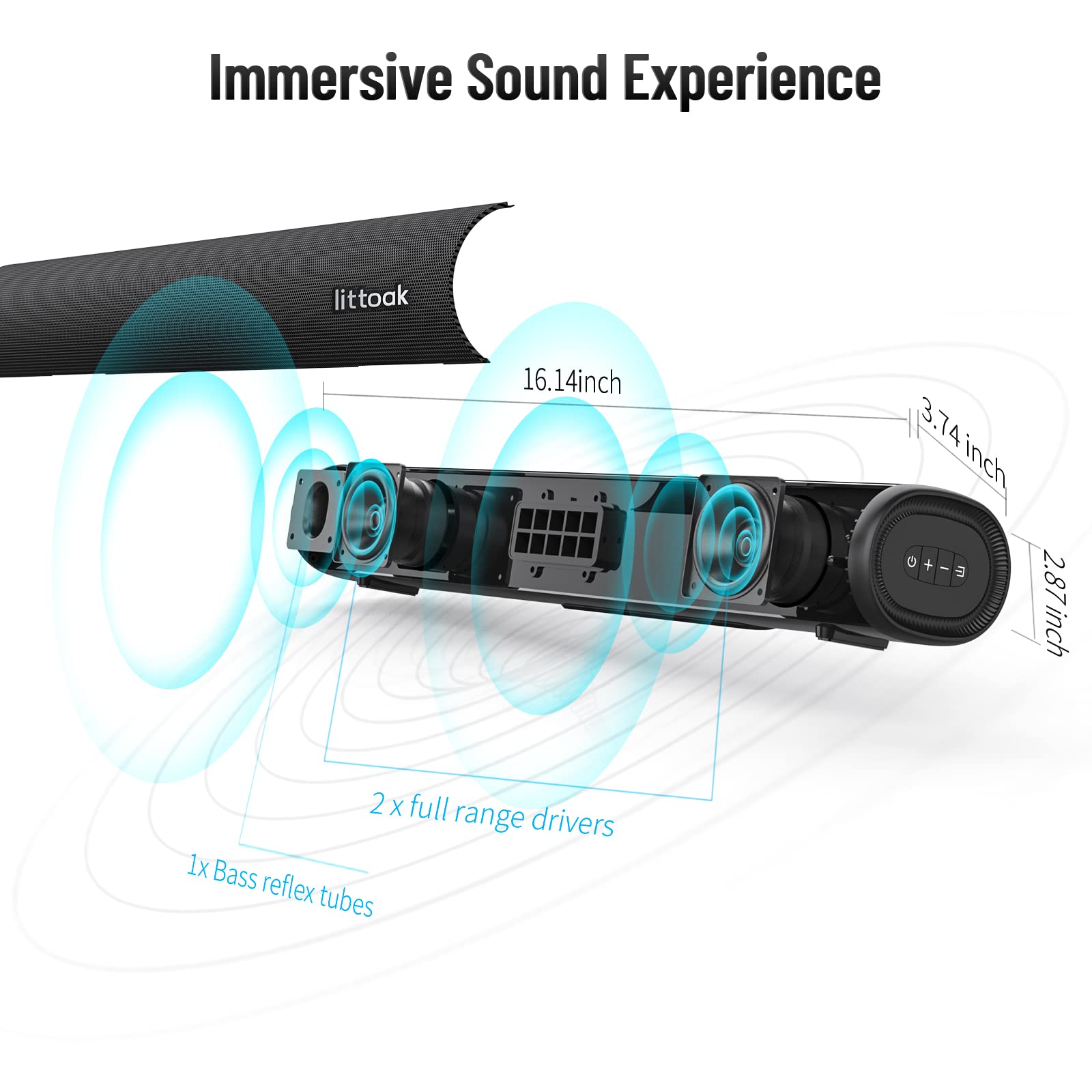 littoak Small Sound Bar for TV, Soundbar with Bluetooth 5.0/HDMI/Optical/USB/AUX/Coax Connection, 50 Watt 16 Inch Soundbars for Home Theater, Wall Mountable (SE04)