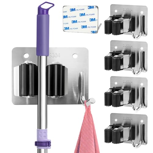 HAOYOWJY Mop and Broom Holder Wall Mount Stainless Steel 304 Tool Garage Organization Rack Screw and Self Adhesive Broom Hanger Heavy Duty 4pcs (4pcs,sliver)