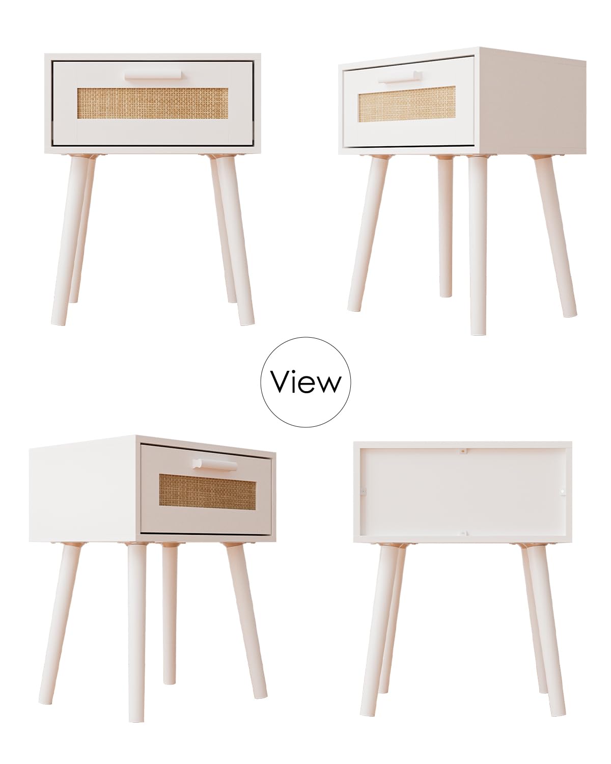 Aobafuir Bedroom Nightstands Wooden Night Stands with Rattan Weaving Drawer Home Bedside End Table for Bedroom Storage, White
