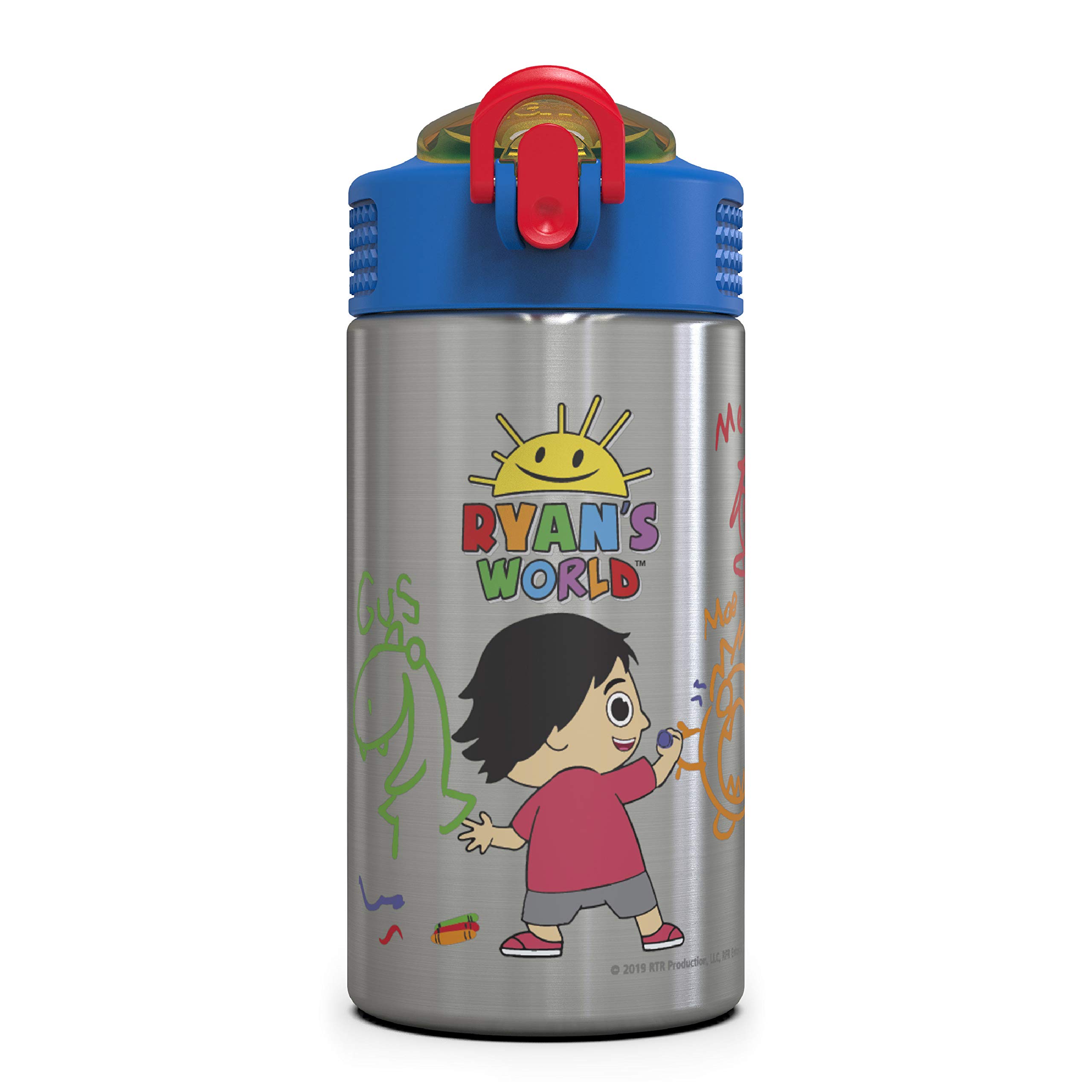 Zak Designs Ryan's World Ryan and friends 15.5 ounce Water Bottle BPA Free with One Hand Operation Action Lid and Built-in Carrying Loop, with Straw is Perfect for Kids