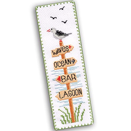 Beach Signs Cross Stitch Bookmark - Coastal Wood Signs Embroidery Set with Paper Pattern, 16 Count Aida Cloth and Pre-Sorted Floss