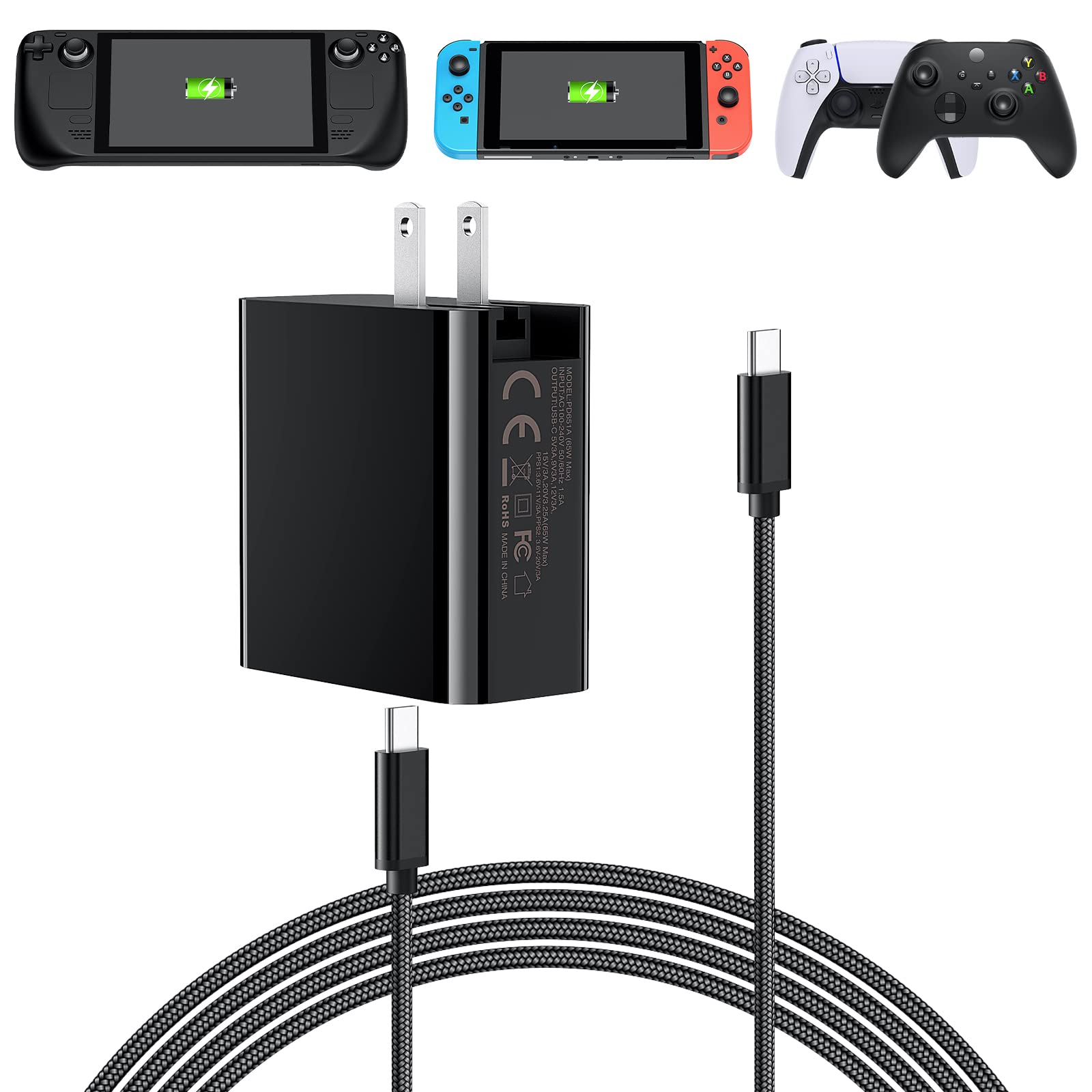 65W 45W Fast Charger for Steam Deck, AC Adapter Power Adapter Travel Wall Charger with Charging Cable, USB C to C PD Adapter for Switch/Laptop/Tablet/Phone/for PS5/ Xbox Series Controller Charger