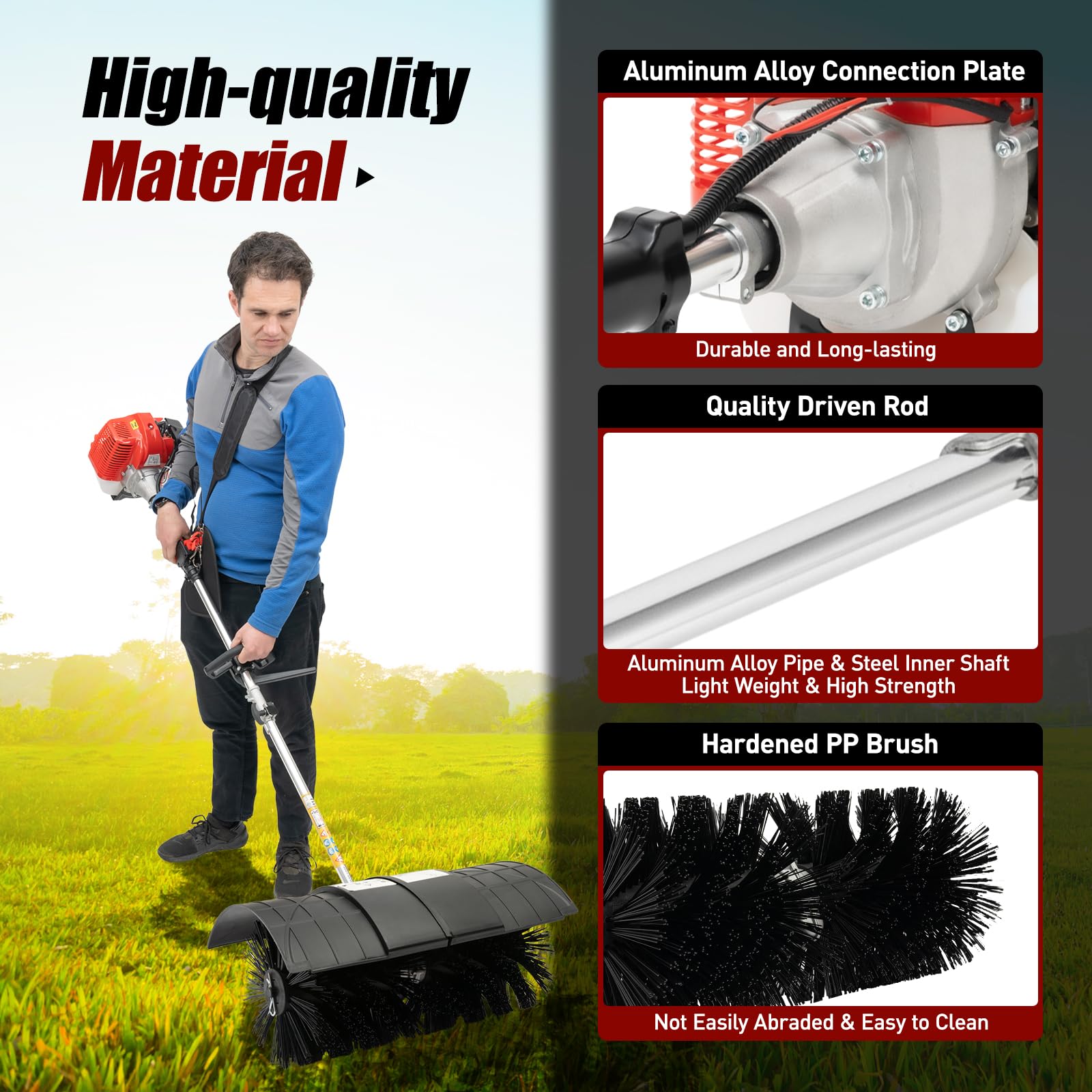 Bacacoo 52cc 2.3HP Gas Power Sweeper, Walk Behind Power Sweeper Broom 1700w Gas Engine Sweeper Lawn Gravel Turf for Cleaning Artificial Grass Sites Farms