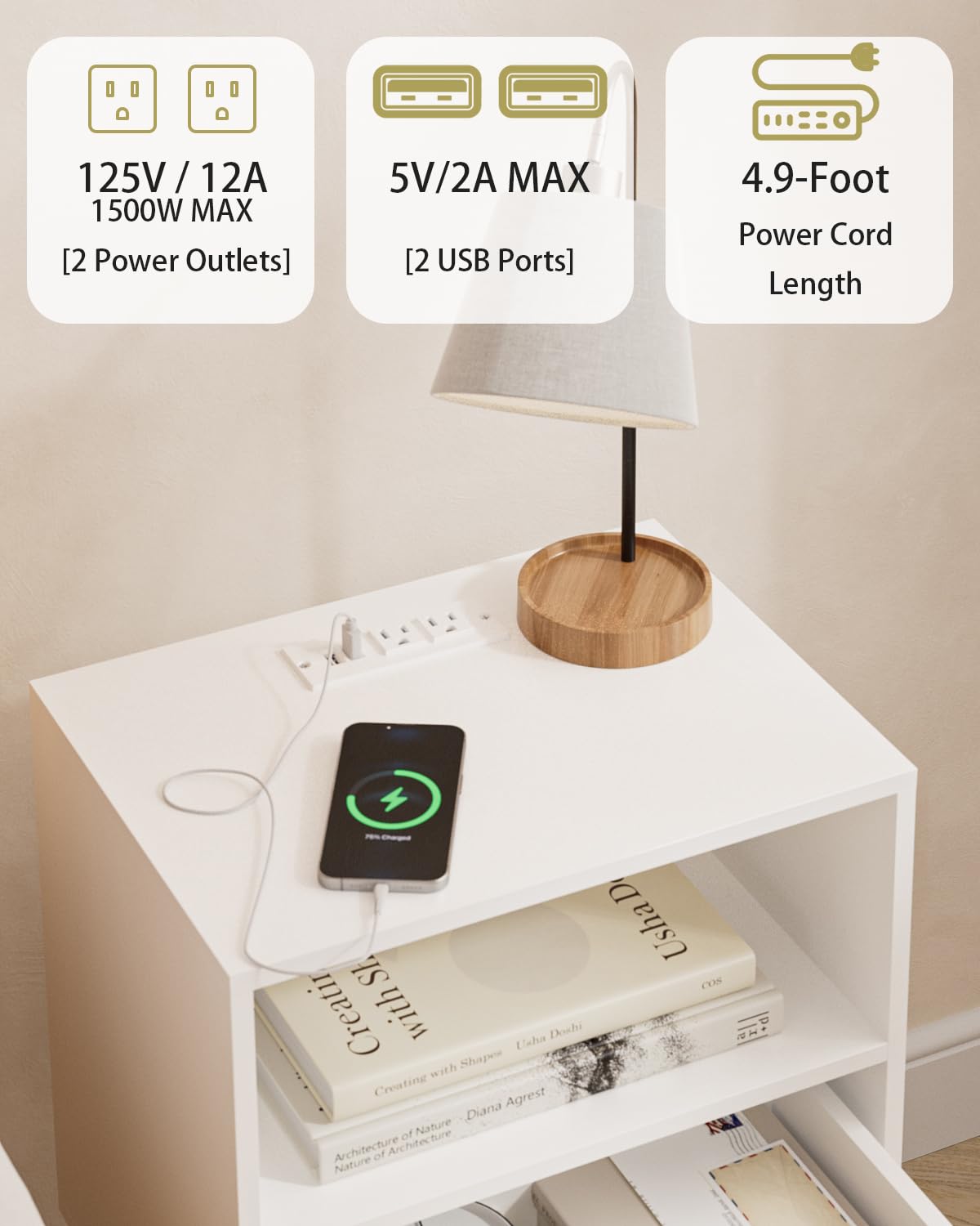 Aobafuir Nightstands with Charging Station, End Table, Rattan Nightstand, Side Table with Hand Made Rattan Decorated Drawers, Wood Accent Table with Storage for Bedroom,White