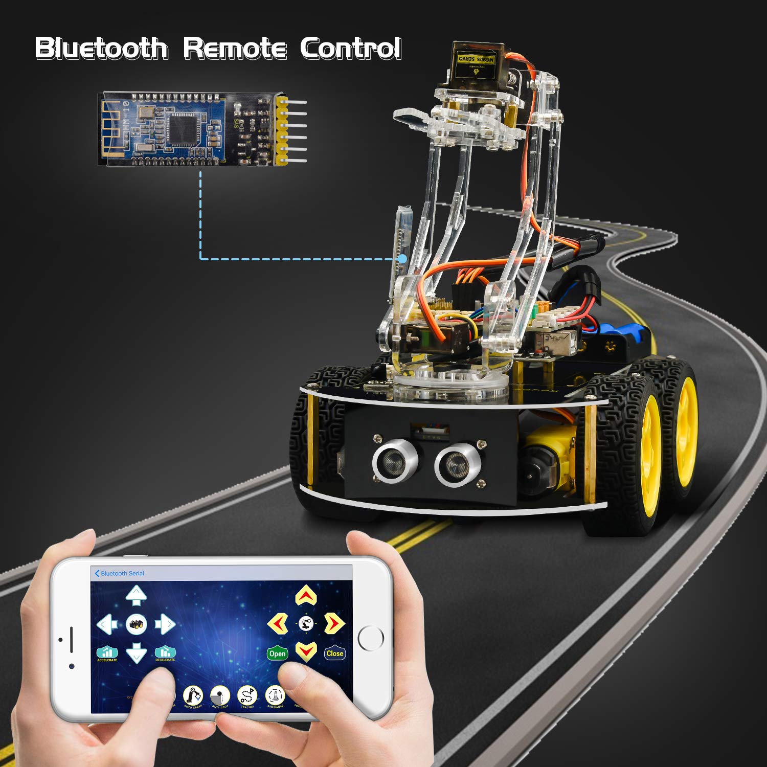 KEYESTUDIO 4WD Bluetooth Smart Car Robot Arm Building Starter Kit for Arduino ,for Uno R3 Programmable Robotics Coding Kit DIY Set for Student Adults 15+