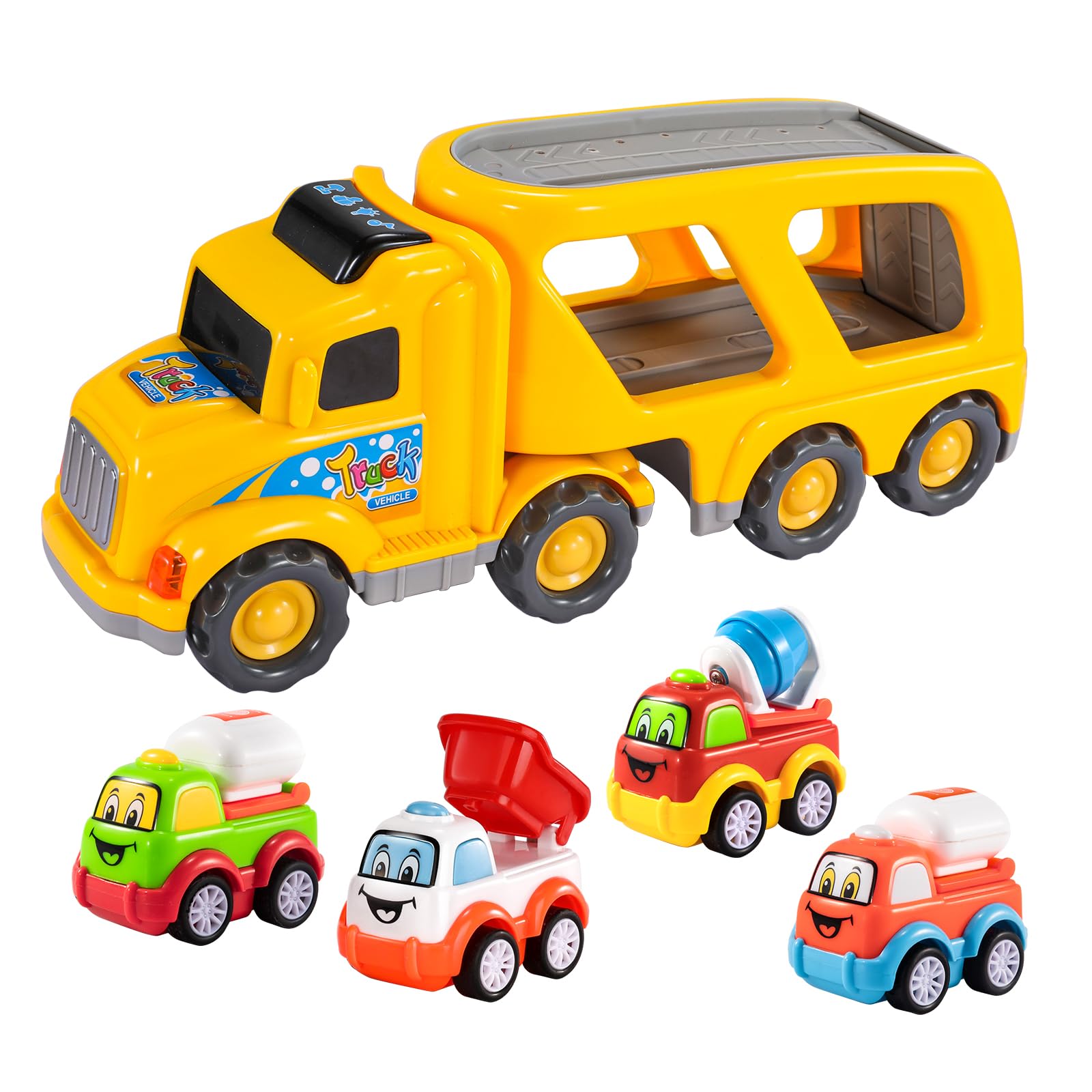 Construction Car Toys for Toddlers Kids, Carrier Truck Toy for 1 2 3 4 5 6 Year Old, 5 in 1 Friction Powered Car Toy for Boys & Girls, Push and Go Vehicles, Christmas Kids Gift Age 3-8