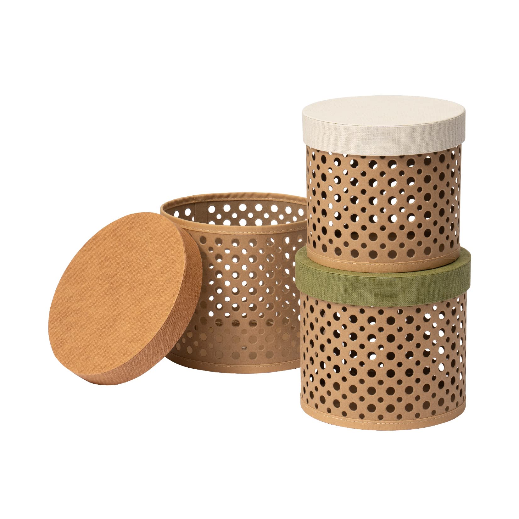 LA JOLIE MUSE Decorative Round Storage Boxes Set of 3, Polka Dot Cutout Baskets with Lids, Desktop Storage Organizer, Gift Baskets with Linen Paper Lids, Brown Baskets, Multiple Colors Lids