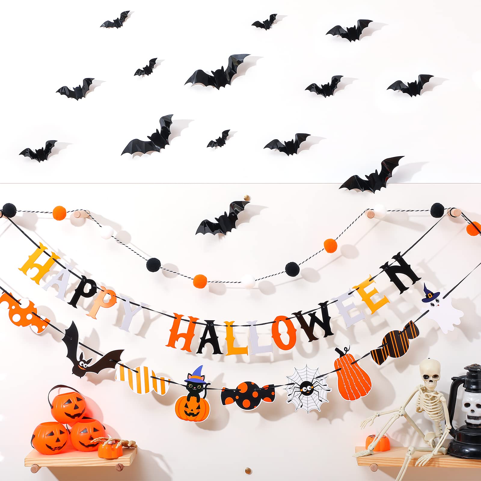 Happy Halloween Banner Pom Pom Garland Set and Halloween Bat Candy Banner with Black Bat Wall Sticker for Halloween Party Decorations Home Decor