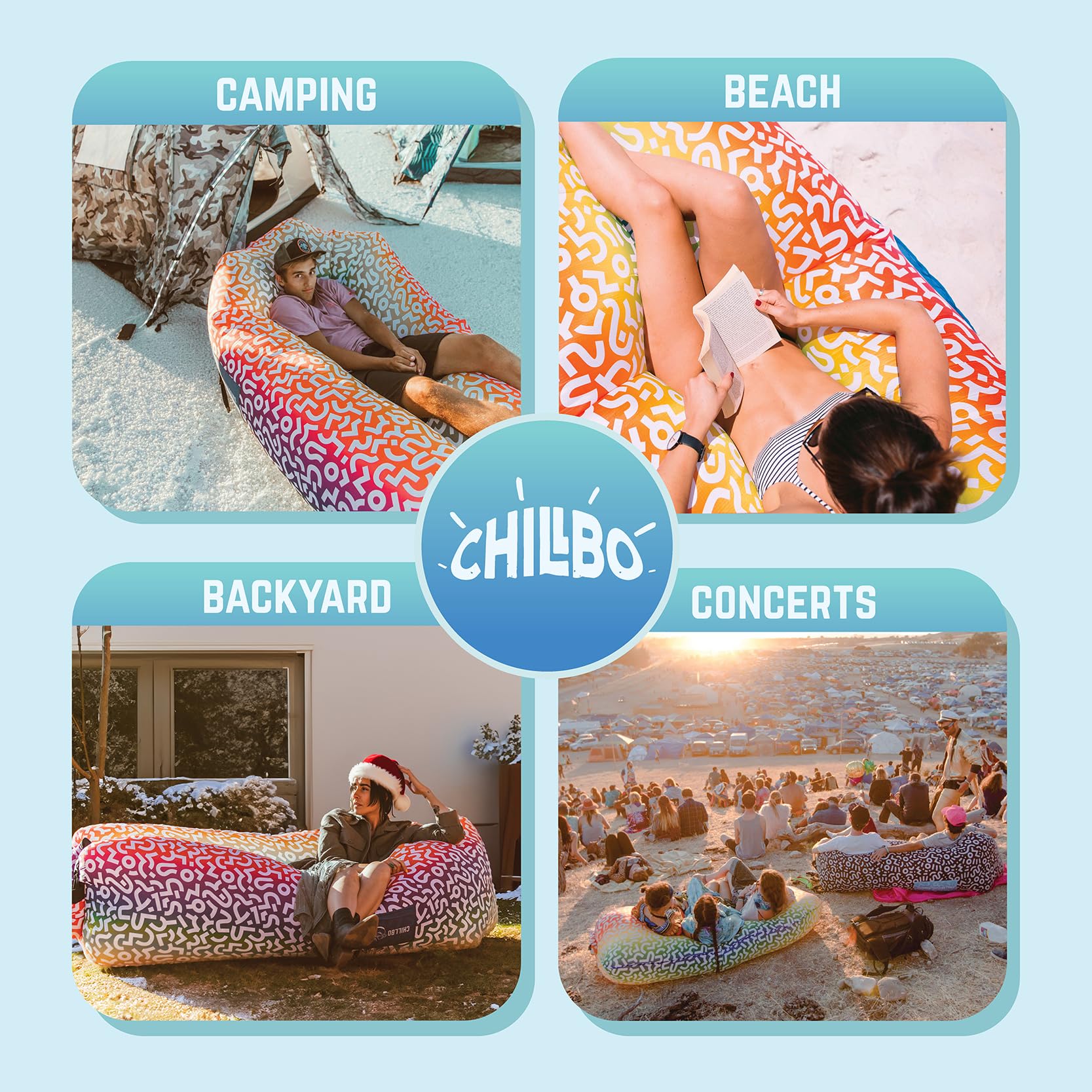 Chillbo Shwaggins Inflatable Couch โ Cool Inflatable Chair Easy Setup Perfect for Hiking Gear, Beach Chair and Music Festivals.(Rainbow Swizzle)