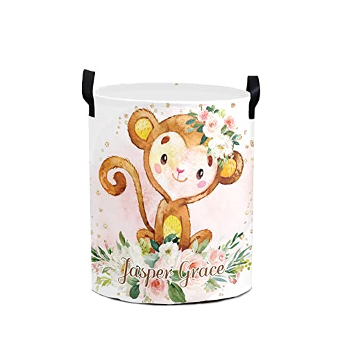 Cute Monkey Pink Floral Personalized Laundry Basket Clothes Hamper with Handles Waterproof,Custom Collapsible Laundry Storage Baskets for Bedroom,Bathroom Decorative Large Capacity