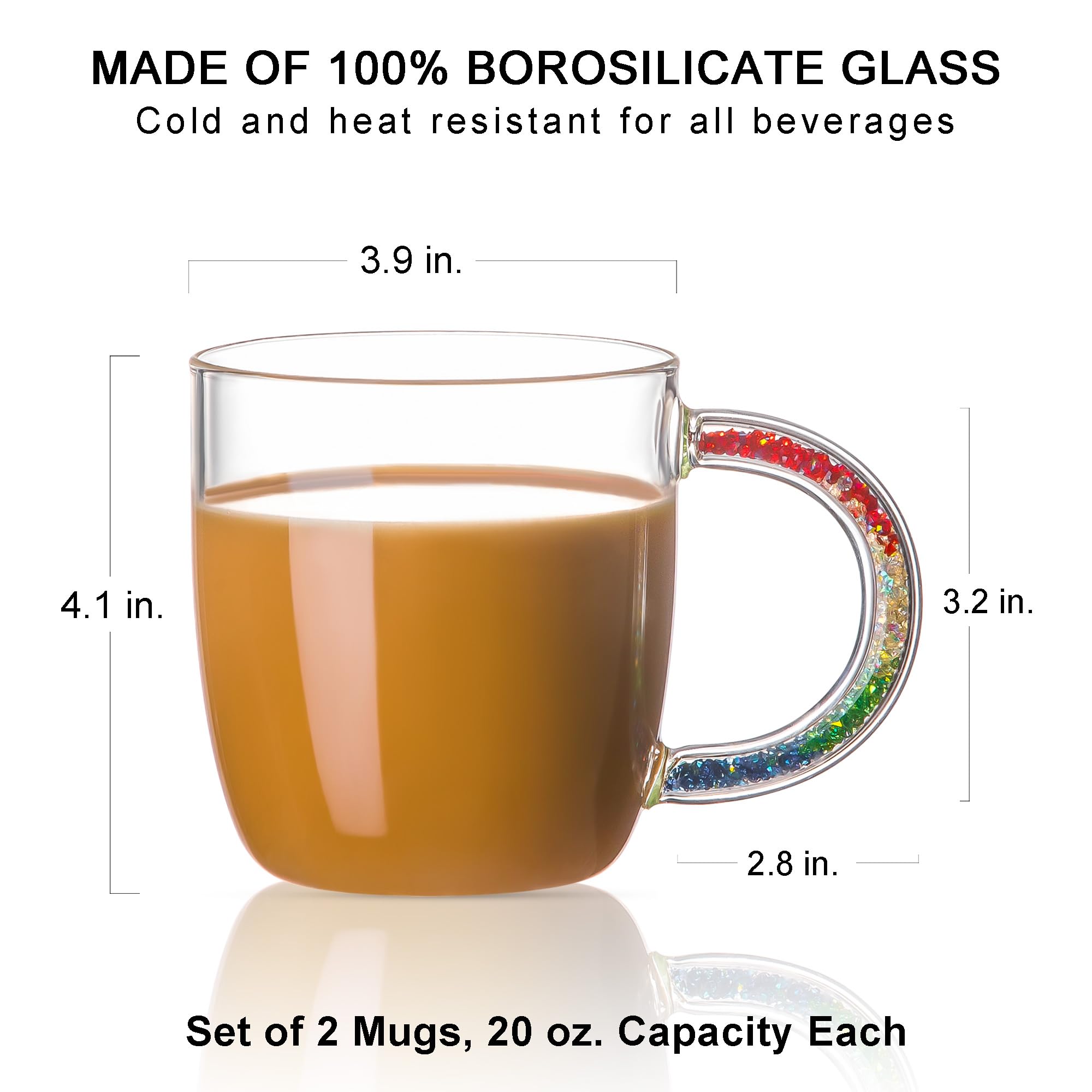 Aquach Large Glass Mugs Set of 2, Each 20oz Capacity with Handle Clear Glass Coffee, Tea, Beverage Cups
