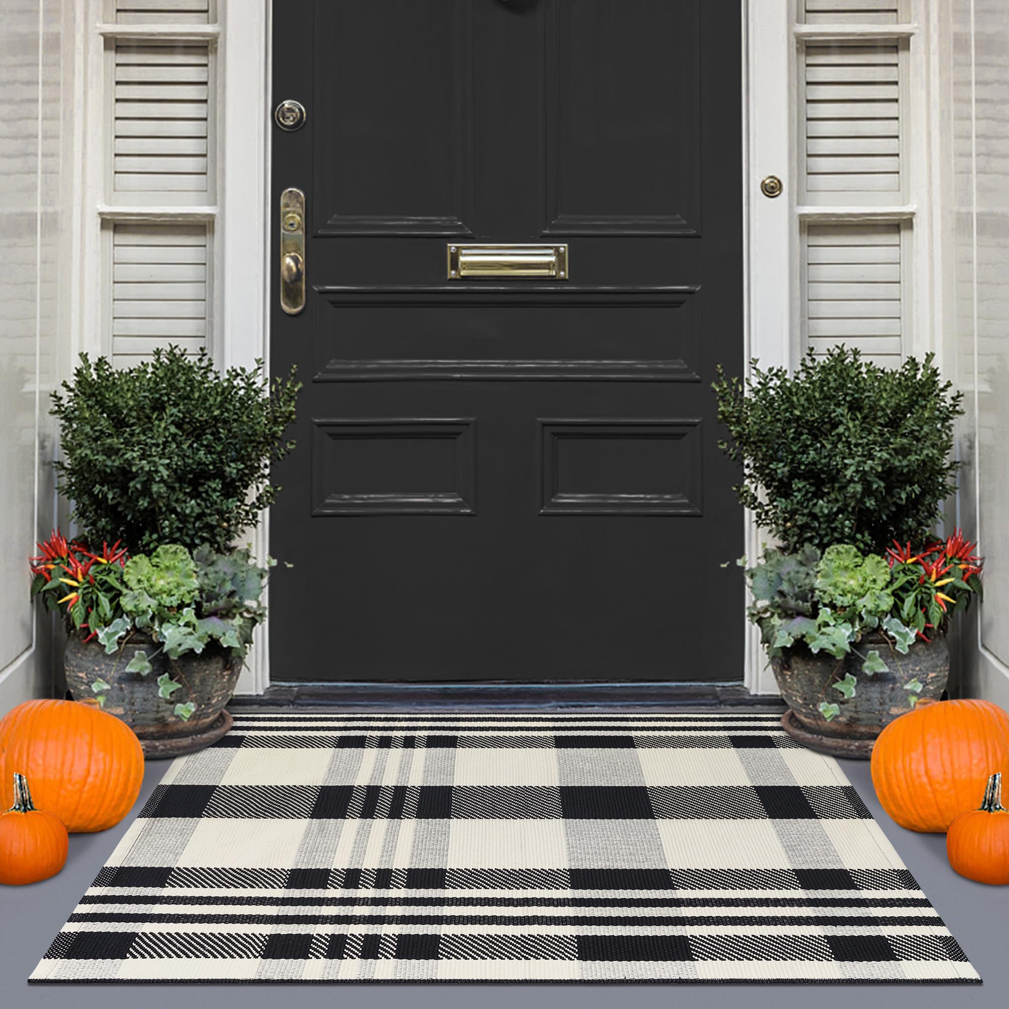 Aoczes Buffalo Plaid Outdoor Rug 2x3 Cotton Woven Rug Black and Off White Rug Front Porch Door Mats Rug Washable Indoor Outdoor Rug Layered Door Mats Carpet for Entryway Farmhouse Decor Area Rug