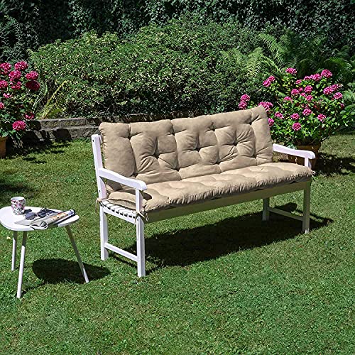 HZWDD Waterproof Bench Cushion with Backrest, 2 or 3 Seat Swing Replacement Cushions with Throw Pillow Overstuffed for Garden Patio Swing Outdoor Bench Cushions(Khaki,40 x 60 in)