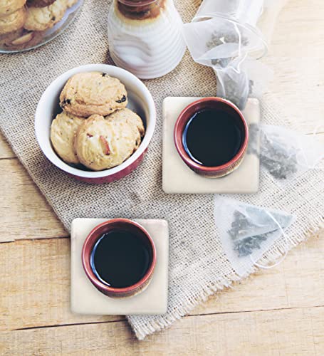 Farmhouse Decor Marble Coasters for Drinks - Kitchen Table Drink Coaster Set of 4-4" Diameter (Square, White, Rolled Edges)
