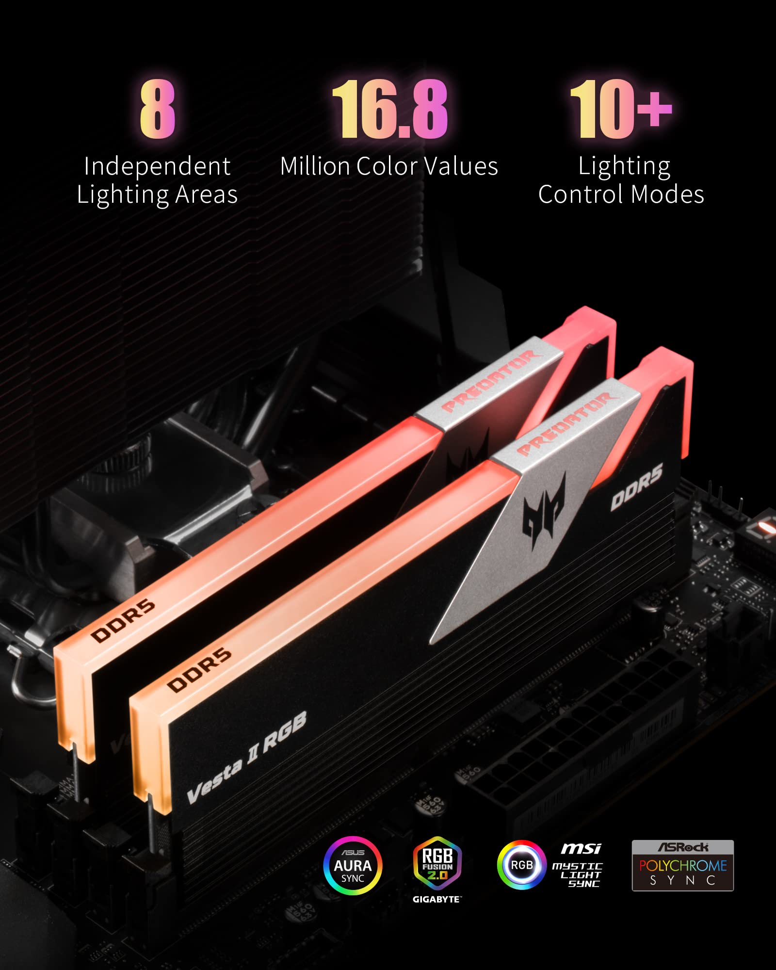 Acer Predator Vesta II DDR5 RGB RAM 32GB Kit (16GBx2) 5200MHz (PC5-41600) C38 Desktop Memory 1.25V with Temperature Sensor - BL.9BWWR.316