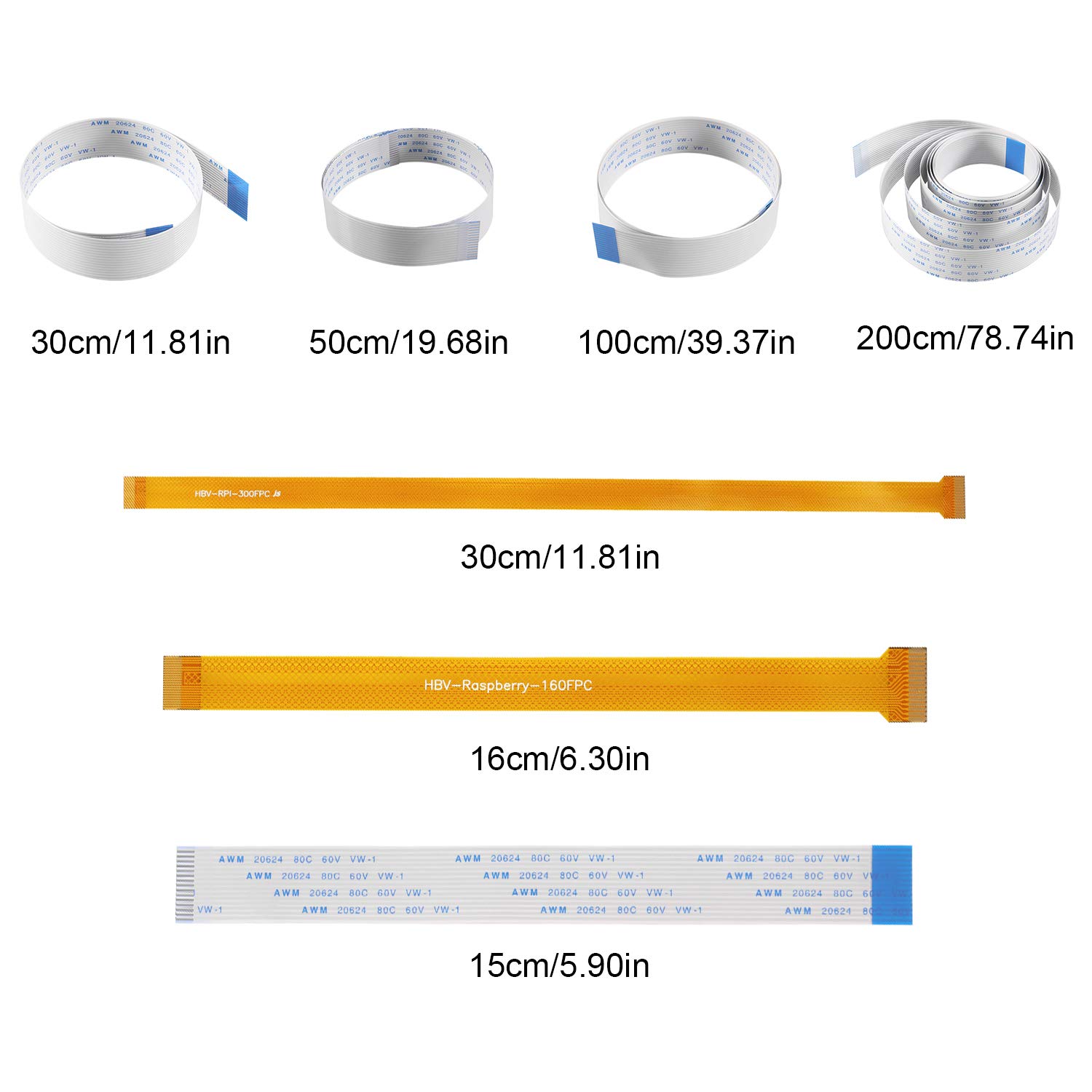 Aokin for Raspberry Pi Camera Cable, Ribbon Flex Extension Cable Set (7 Pcs), 5.90/11.81/19.68/39.37/78.74in White Cable for Pi A/B/B+, 2, 3 3B+, 4; 6.30/11.81in Golden Cable for Pi Zero/Zero w