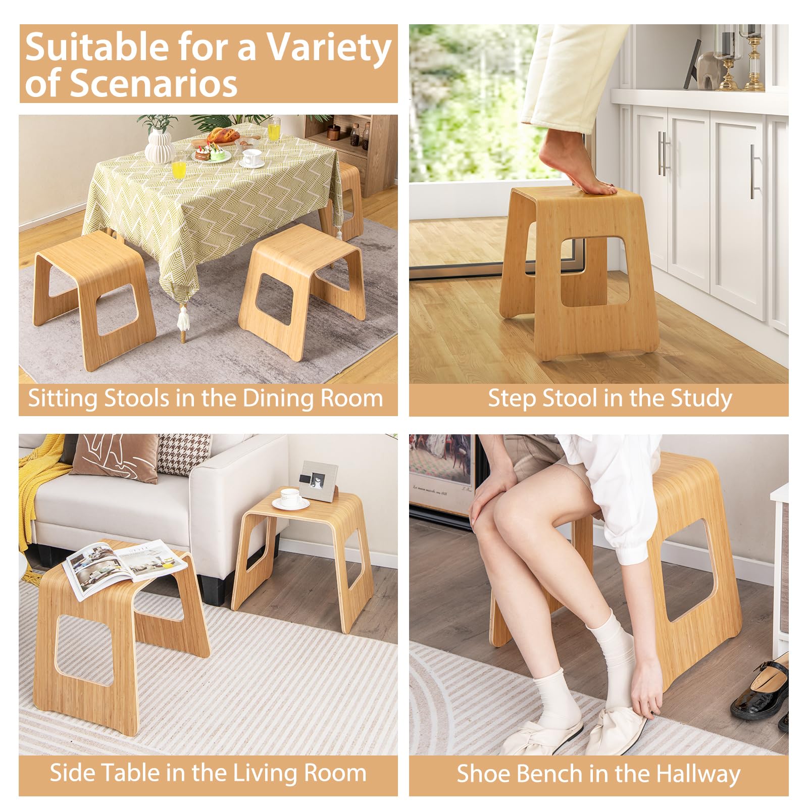 Julimoon Wood Stools Set of 4, Entrance Shoe Changing Stools with Anti-Skip Feet, Doorway Shoe Changing Stool with 330 LBS Weight Capacity, Stackable Stool for Small Spaces, Bathroom, Bedroom