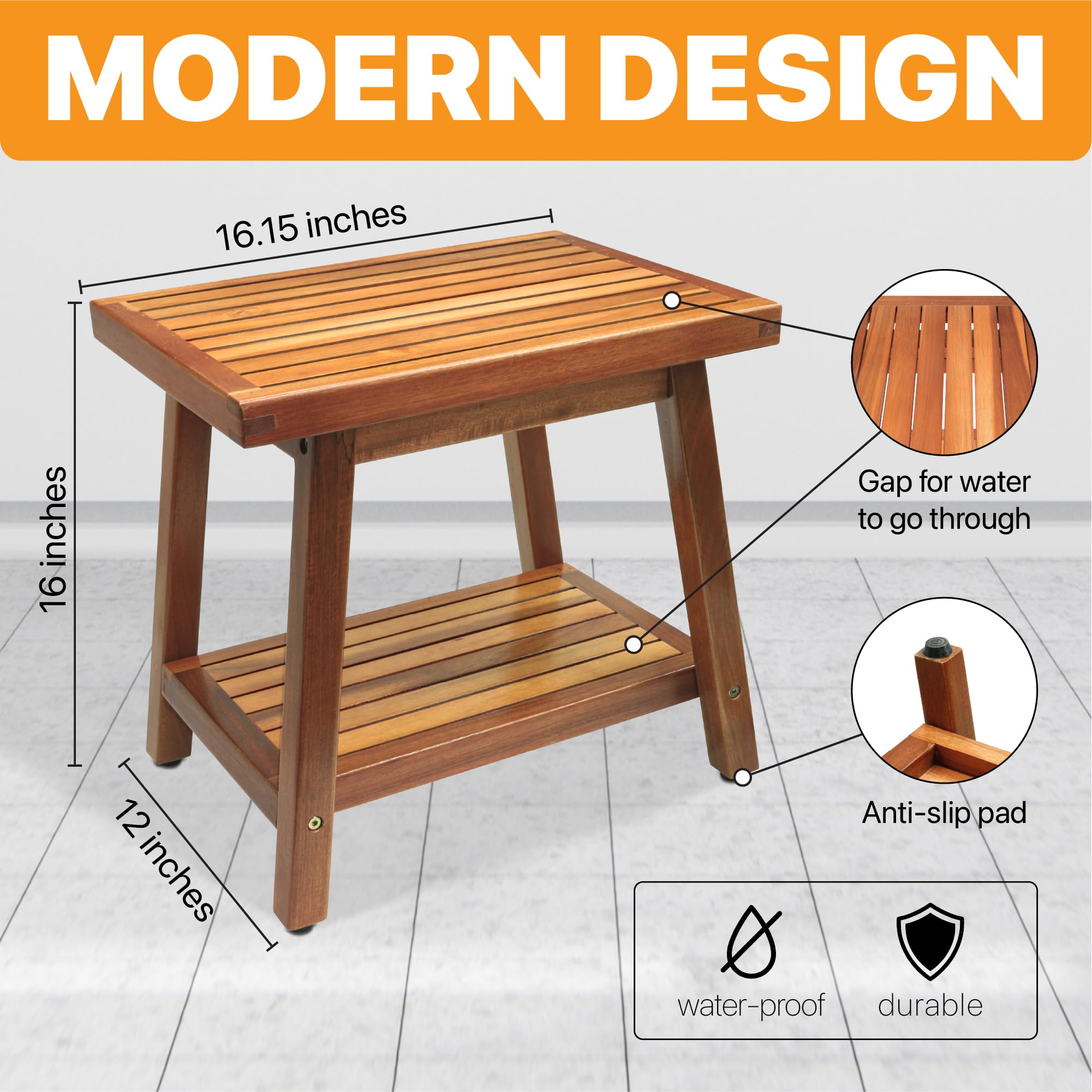 Shower Stool Bench Chair Waterproof with Storage Shelf for Shaving Legs, Spa, Bath Seat in Bathroom, Inside Shower Bench for Adults Seniors Elderly, Outdoor Side Table, Patio, Pool, Porch End Table