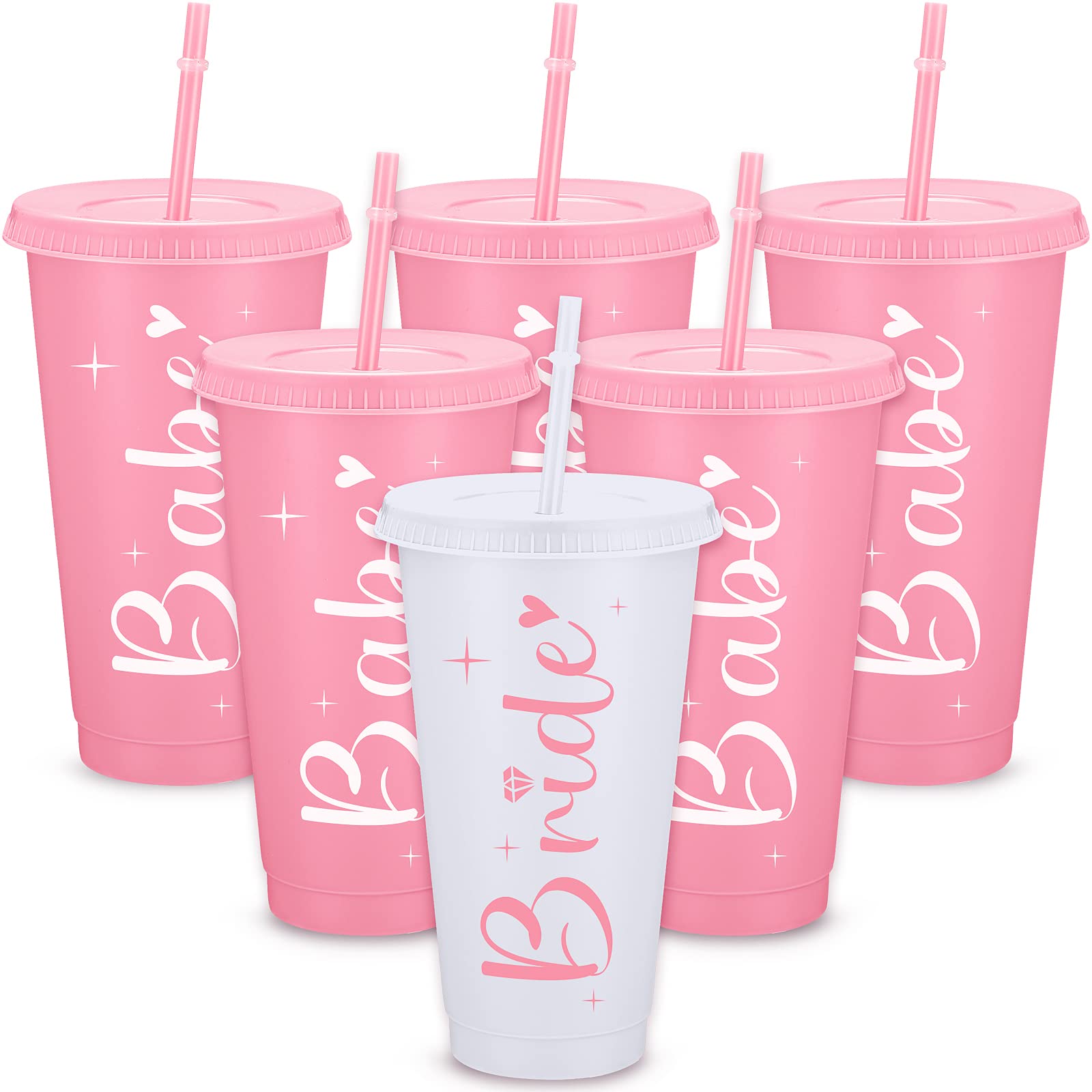 Gerrii Set of 6 Bride and Babe Bachelorette Cups for Bachelorette Party, Bachelorette Cups with Lid and Straw Bridesmaids Reusable Cups with Lids Bride Travel Mug for Wedding Party Gifts Supplies