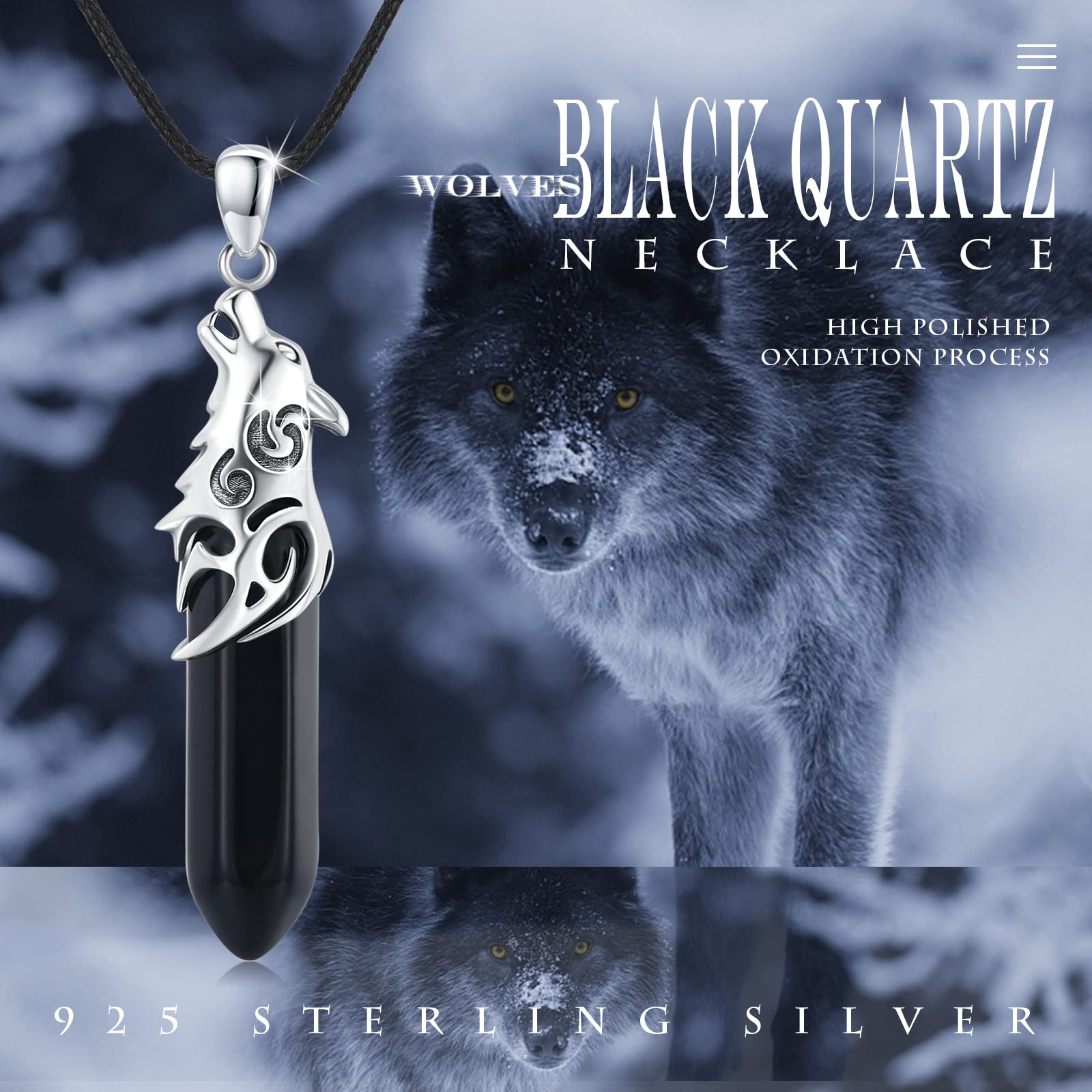 CUOKA MIRACLE Wolf Necklace Crystal Wolf Pendant 925 Sterling Silver Wolf Head Jewelry Wolf Gift for Women Men Wolf Necklace for Men (Black)