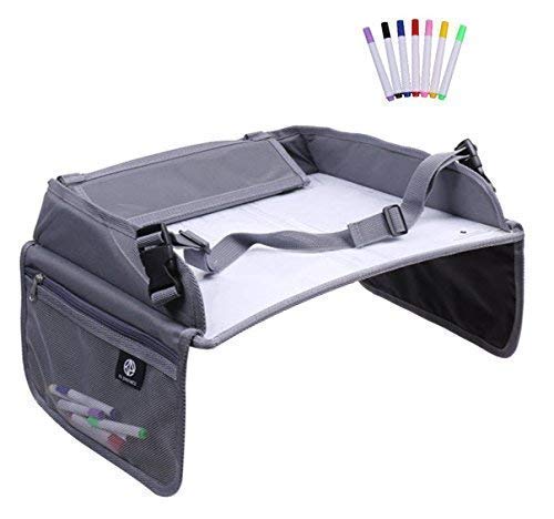 Kid’s Car Seat Travel Tray – Dry Erase Lap Table with Markers and Mesh Pockets – Keep Children and Babies Occupied – by K4 Dynamics