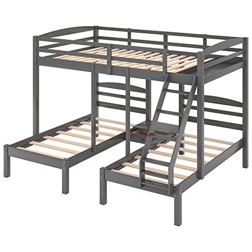 DEYOBED Full Over Twin & Twin Wooden Triple Bed Bunk Bed with Easy-Access Ladder - Functional Sleep Arrangement for Kids, Teens, Adults