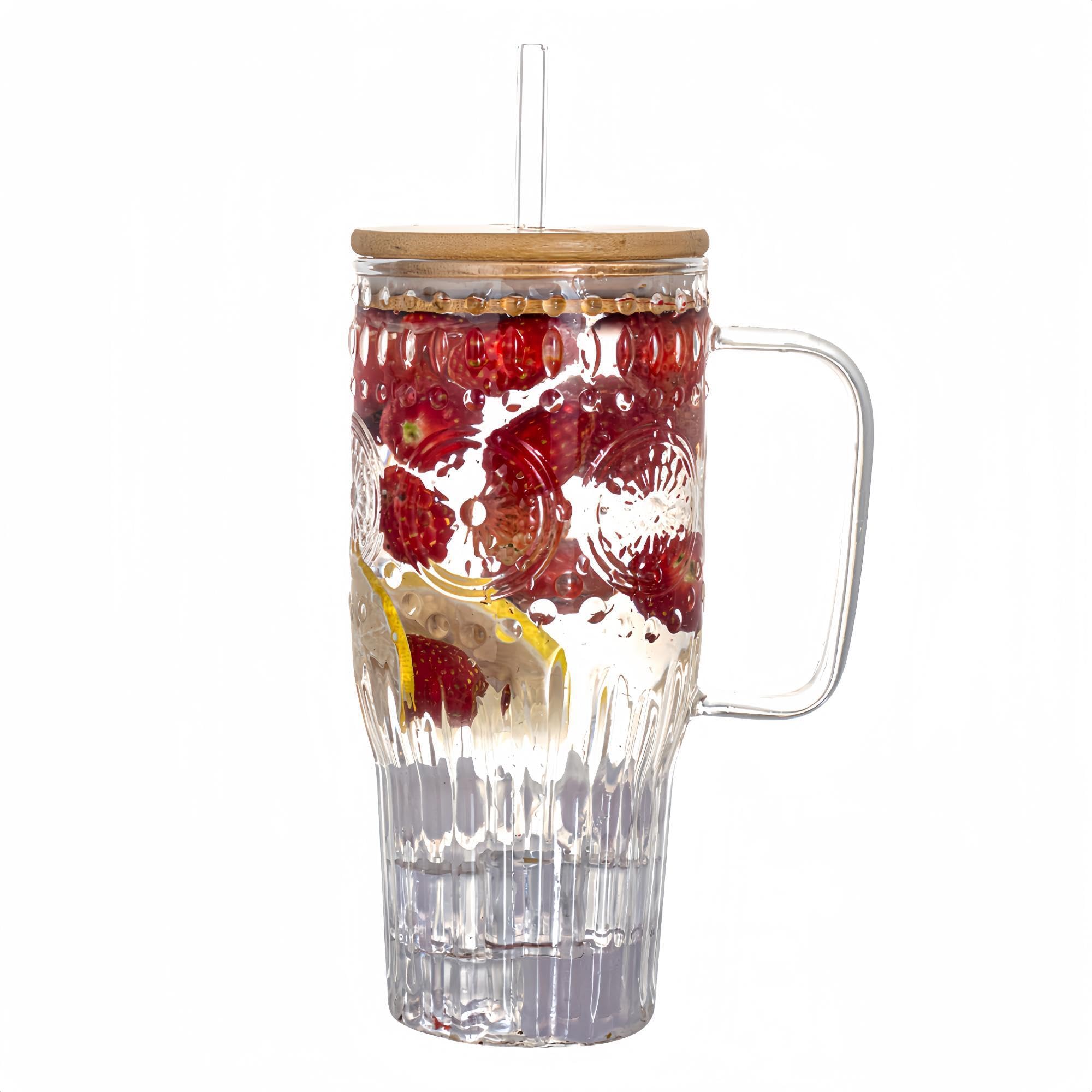 Bandesun 32oz Vintage Glass Cup with Handle with Bamboo Lids and Straws - Borosilicate Glass Tumbler for Hot and Cold drinks