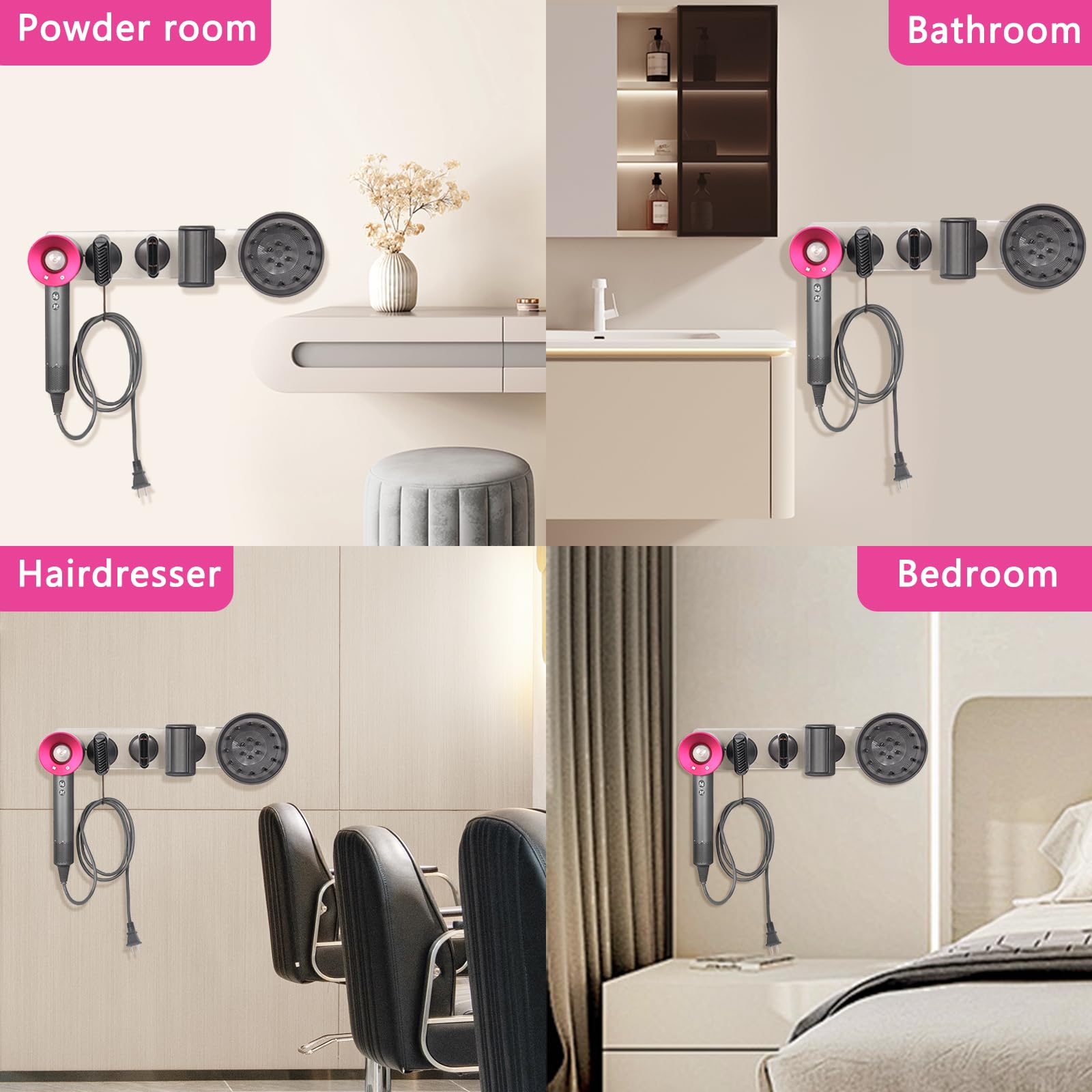 Floatant Wall Mount Hair Dryer Holder Compatible with Dyson Supersonic, Hair dryer holder, Acrylic Attachments Organizer with Hooks for Accessories Nozzles, Wide-Tooth Comb, Diffuser (Transparent)