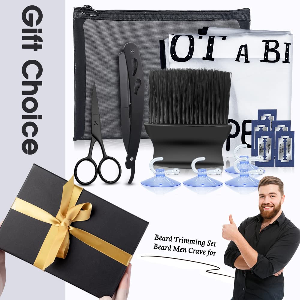 Beard Cape Apron, Beard Apron Bib, Beard Hair Catcher for Men's Shaving Trimming with Straight Razor and Blades, Suction Cups, Scissors, Cleaning Brush, Portable Pouch, Gift for Husband Boyfriend Men
