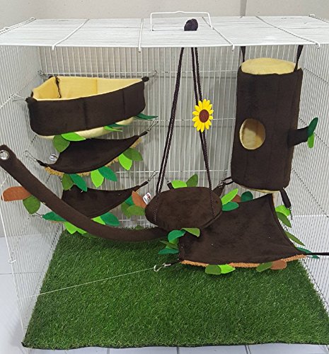 HOT! 7 Pcs/Set Cute Sugar Glider Hamster Marmoset Squirrel Chinchillas Small Pet Hanging Log + Edge Corner Dark Brown Cage Set Forest Pattern Get Free 1 Small Pet Treats, PB's REPUBLIX